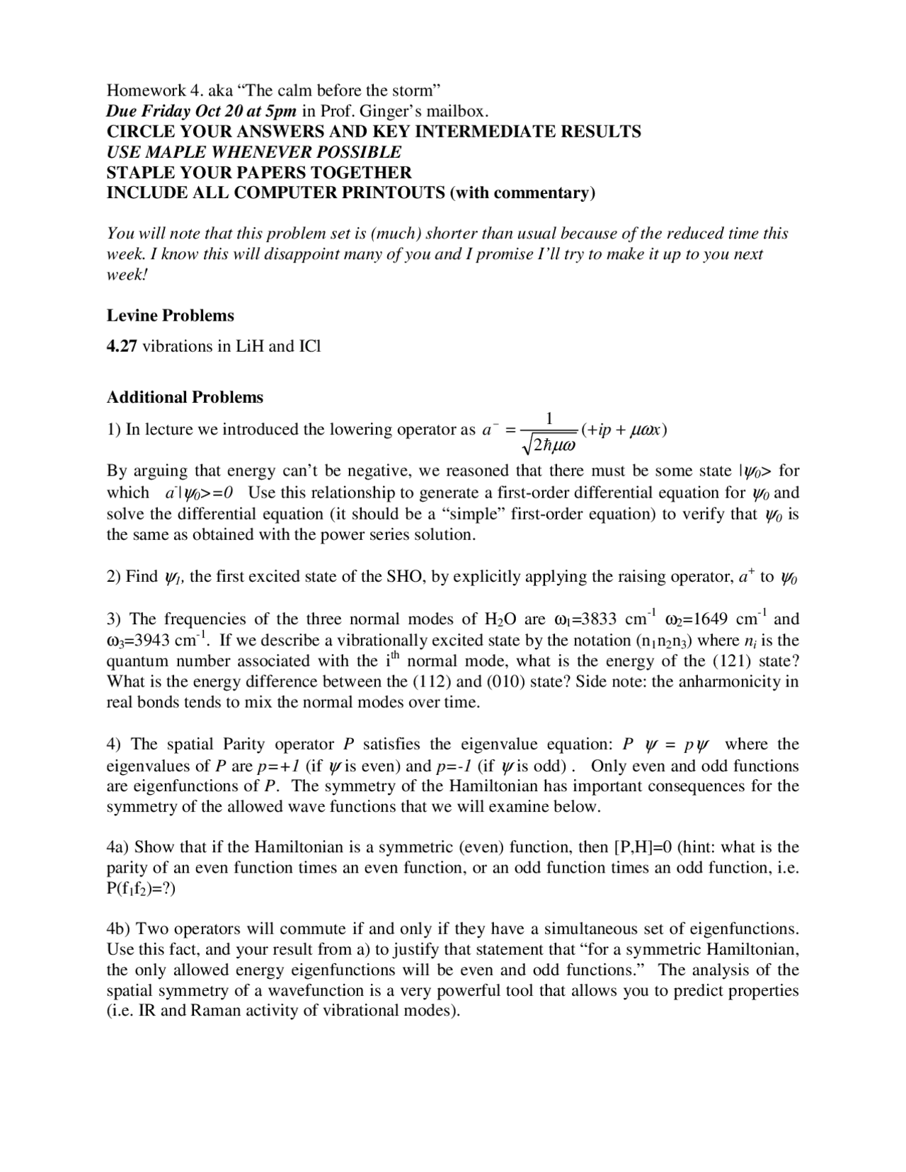 Assignment 4 Introduction To Quantum Chemistry Chem 550 Docsity