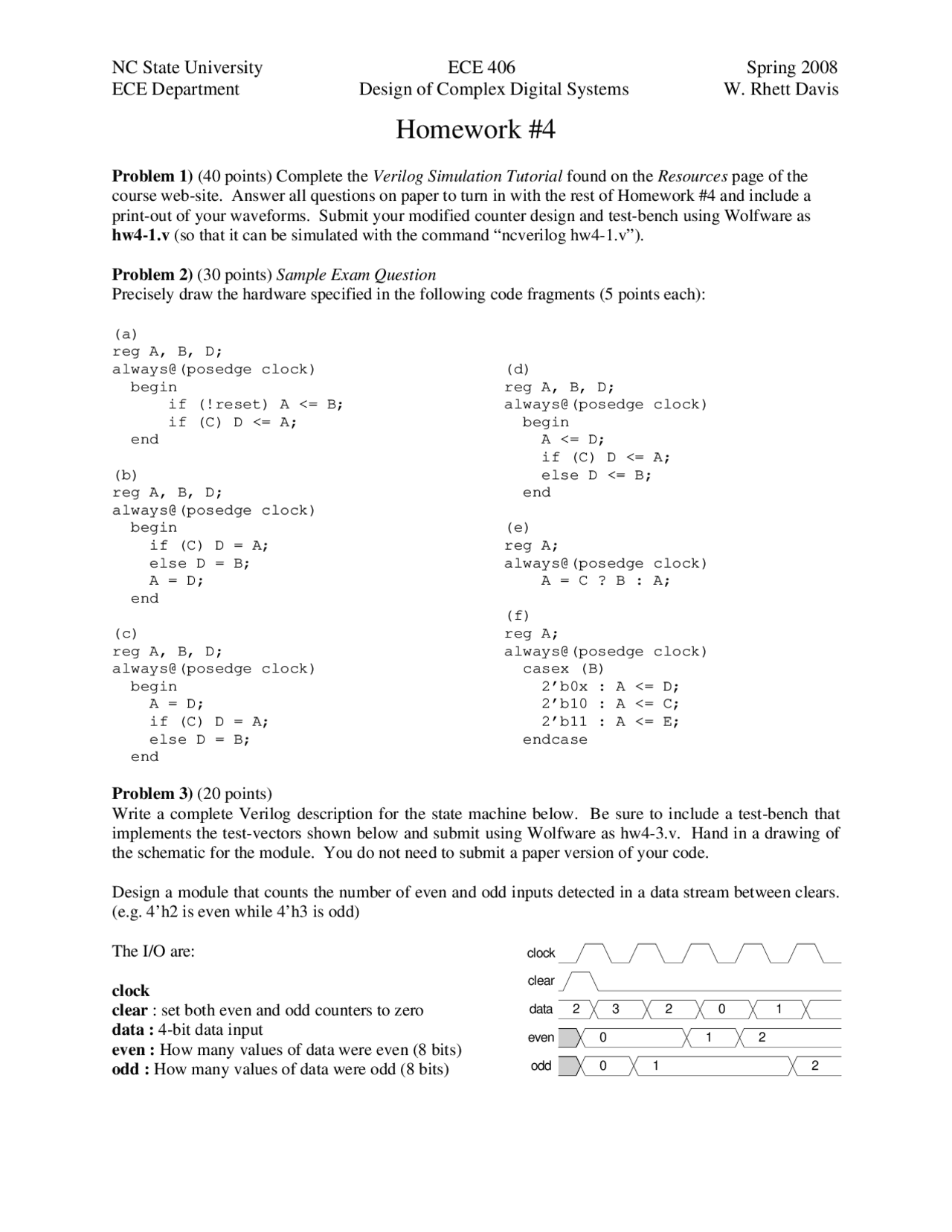 Homework 4 Problems Design Of Complex Digital Systems Ece 406 Docsity