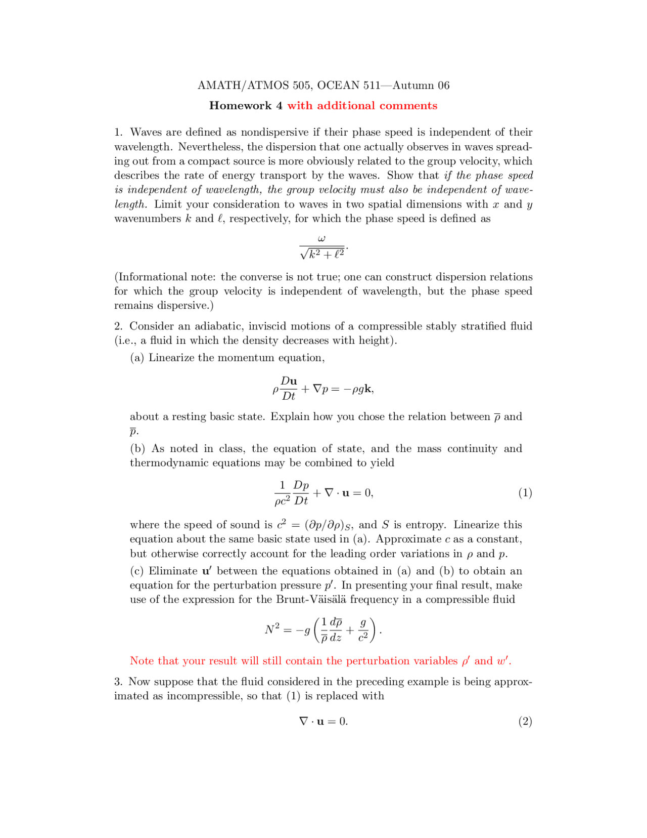 Homework 4 Questions Fluid Dynamics Ocean 511 Docsity
