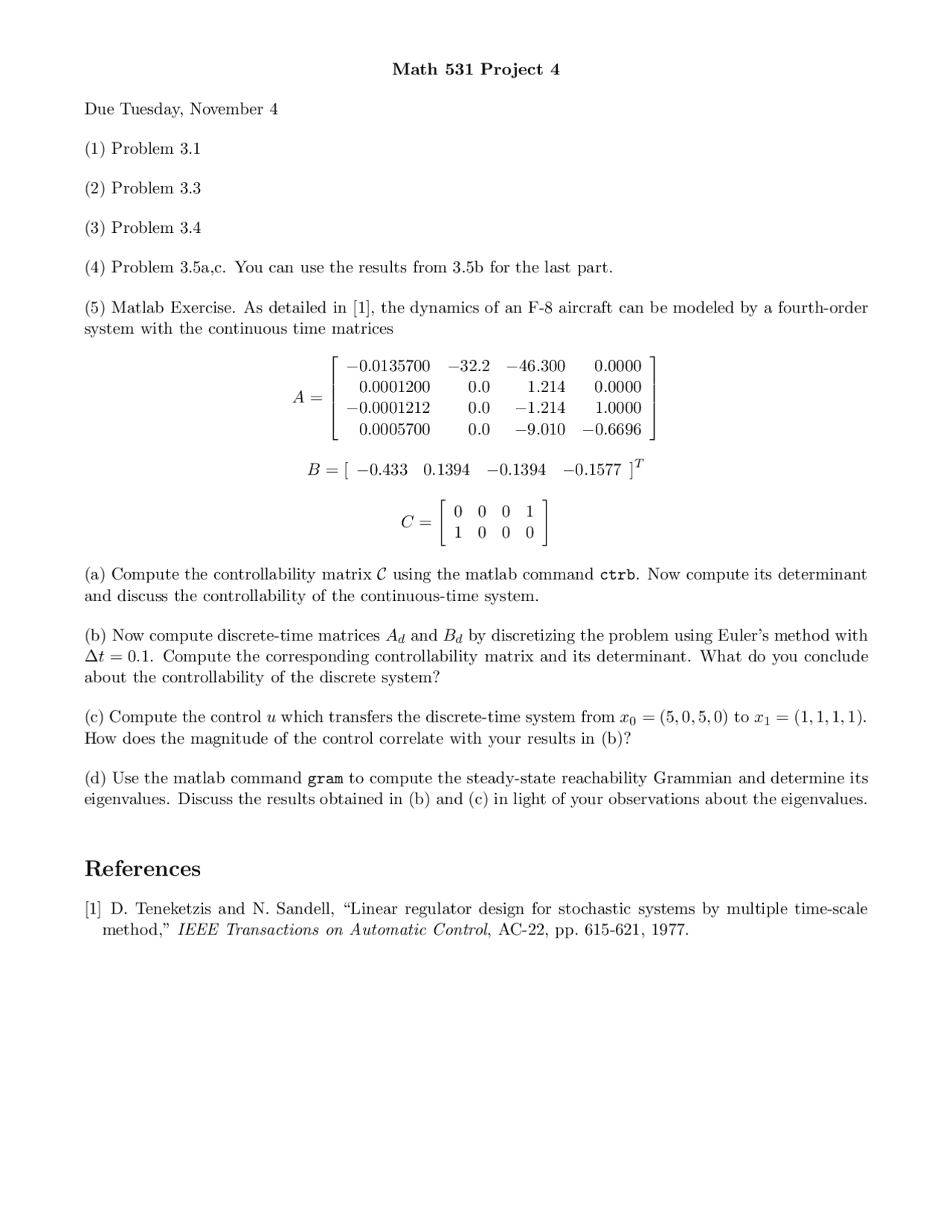 Dynamic Systems And Multivariable Control I Project 4 Ma 531 Docsity