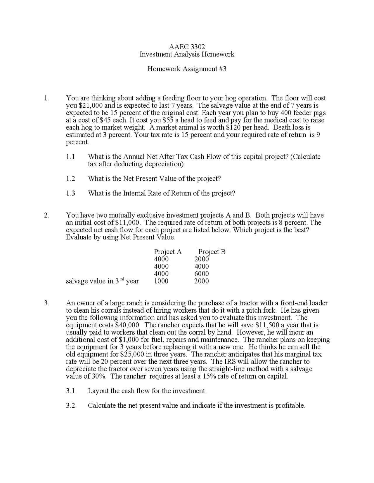4 Problems On Investment Analysis Homework Assignment 3 Aaec 3302