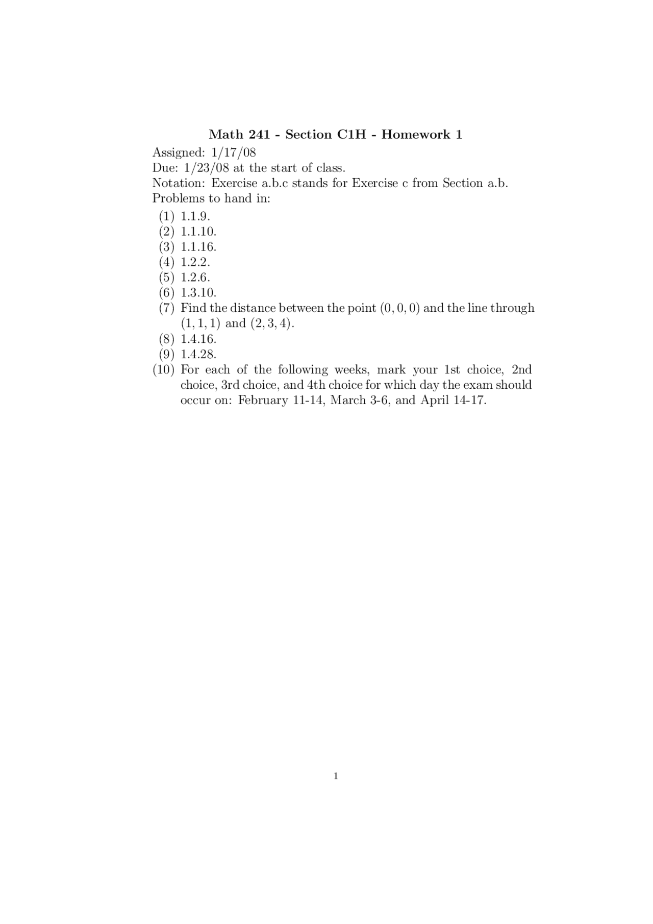 10 Problems on Calculus III in Mathematics - Assignment 1 | MATH 241 - Docsity