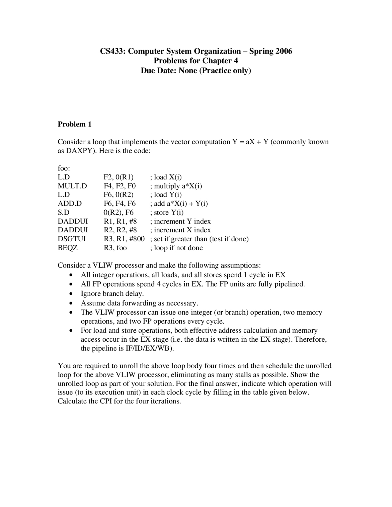Pipeline and Vector processing - Study Problems | CS 433 - Docsity