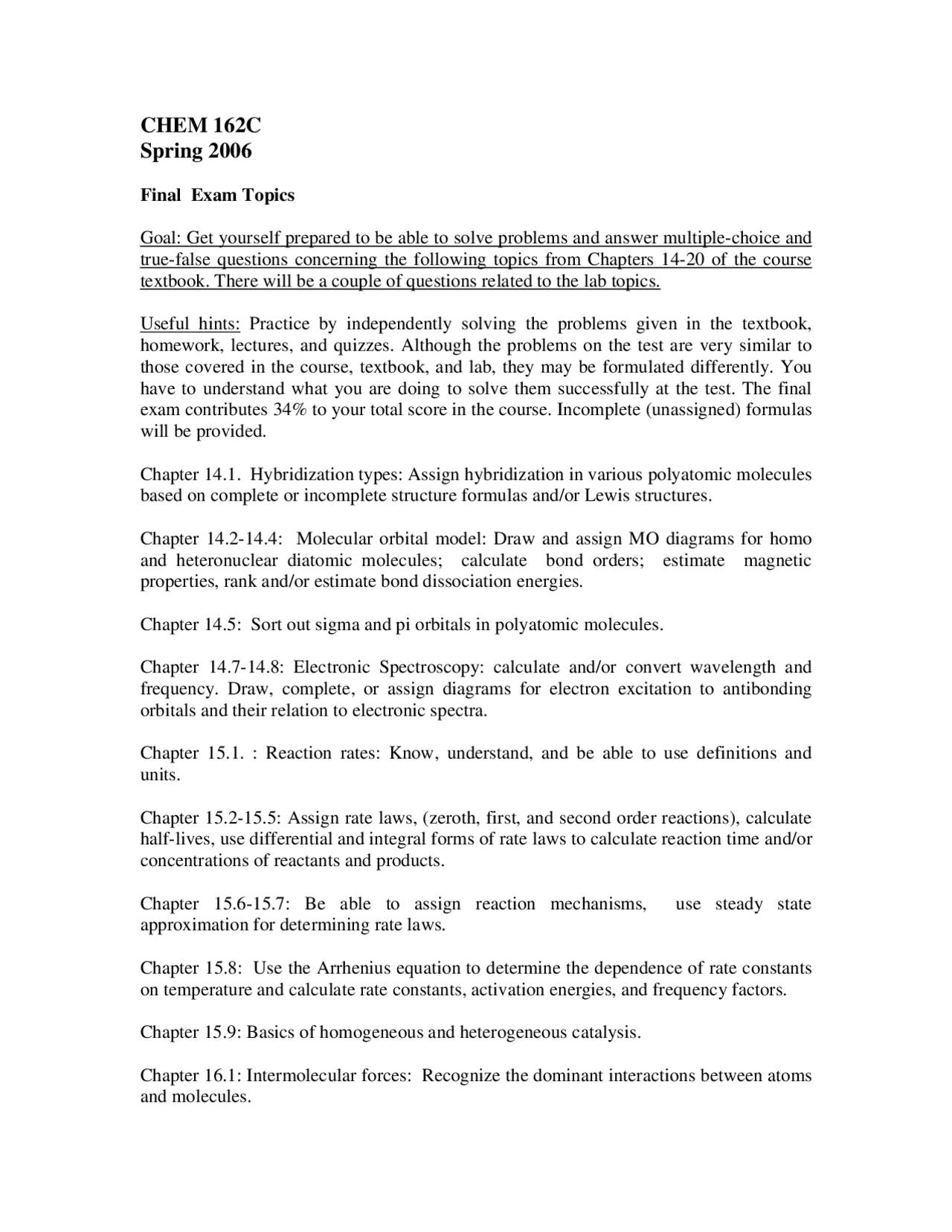 Review Sheet for Final Exam - General Chemistry | CHEM 162 - Docsity