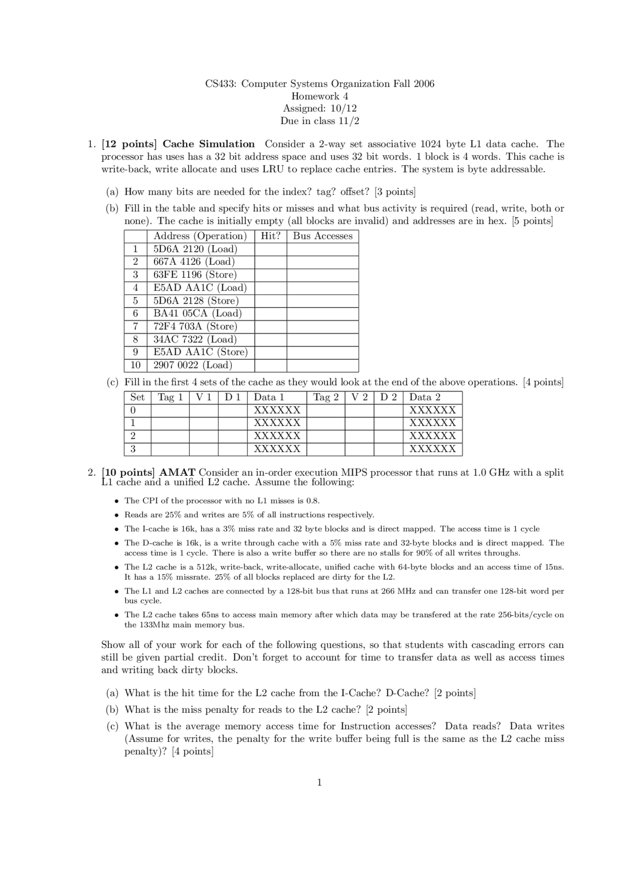 Homework 4 Questions Computer System Organization Cs 433 Docsity