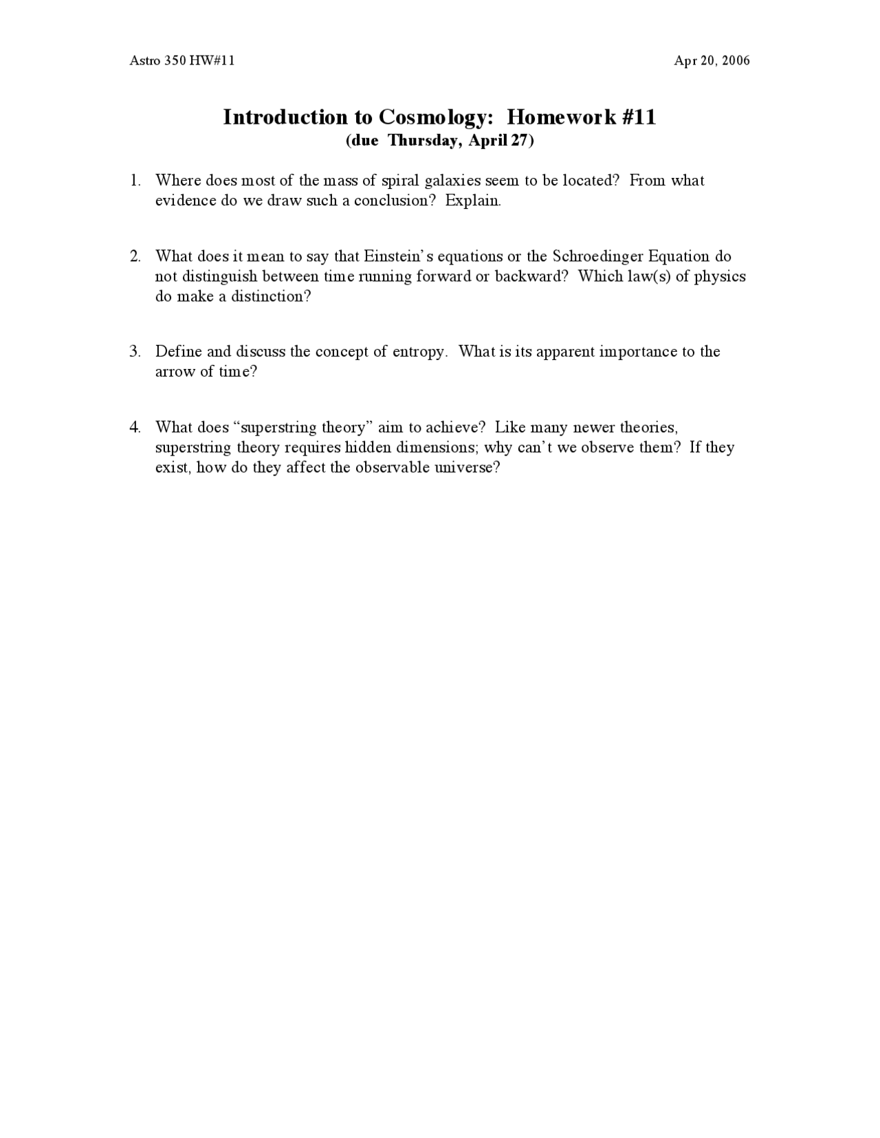 Introduction To Cosmology Homework 11 Astr 350 Docsity