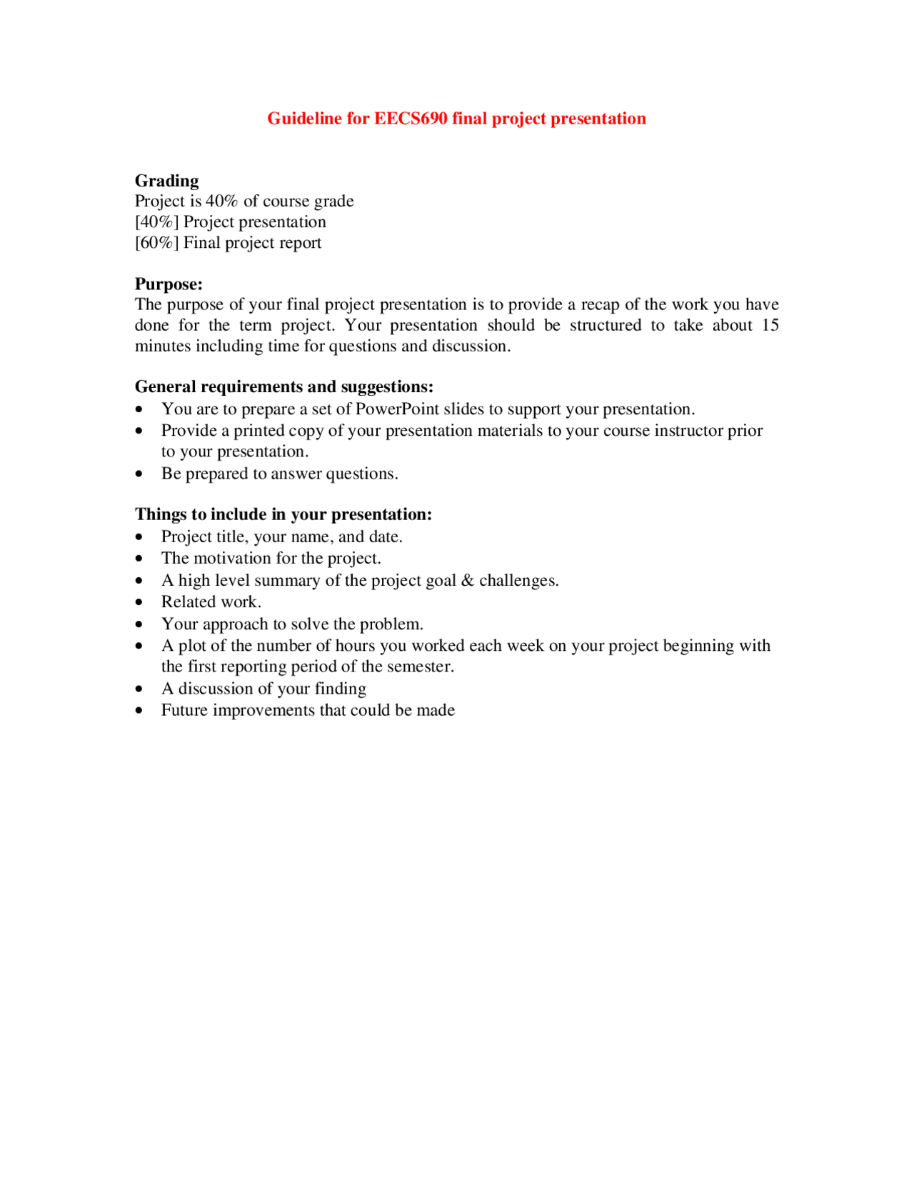 Guidelines For Final Project Presentation Advanced Database System Eecs 690 Docsity