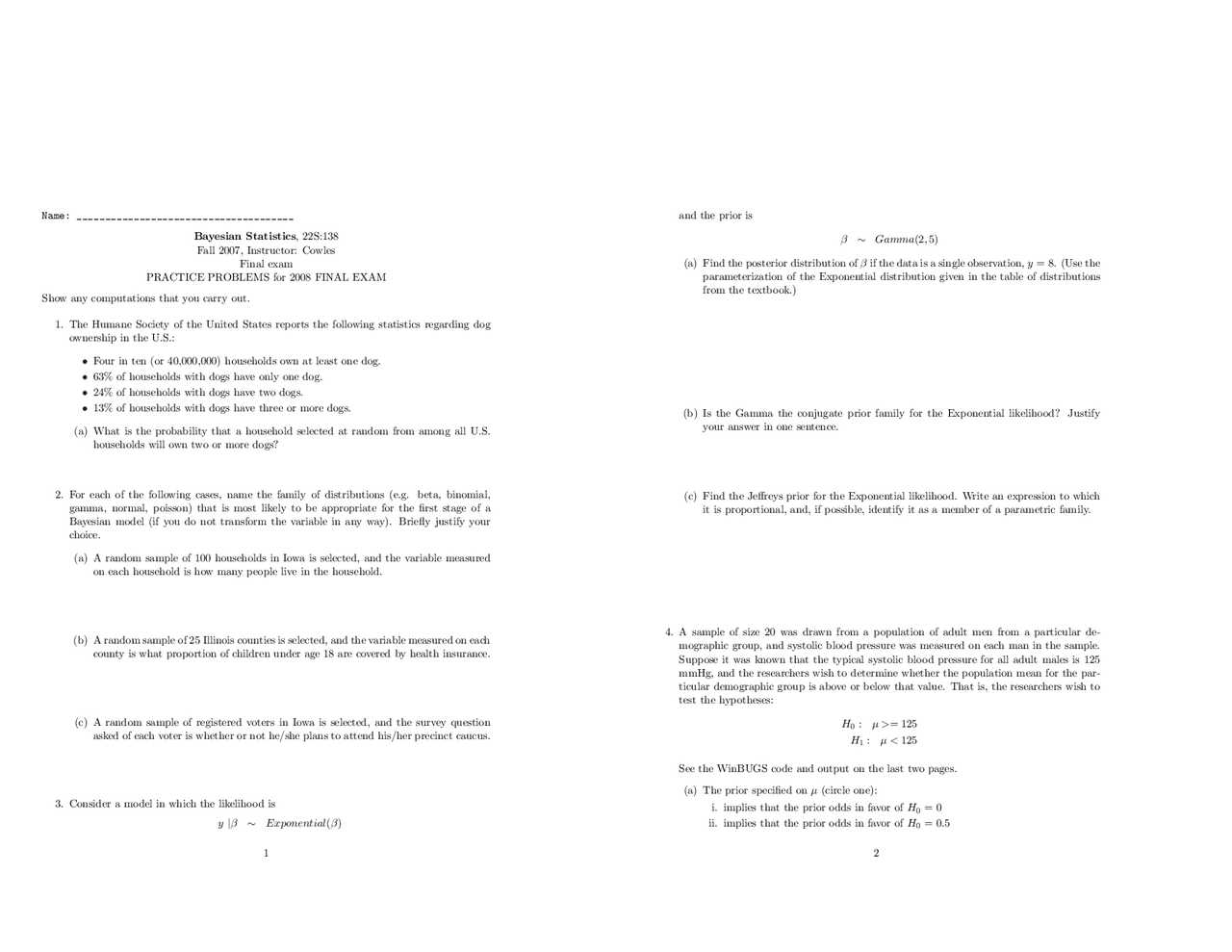Bayesian Statistics Practice Problems For Final Exam 22s 138 Docsity