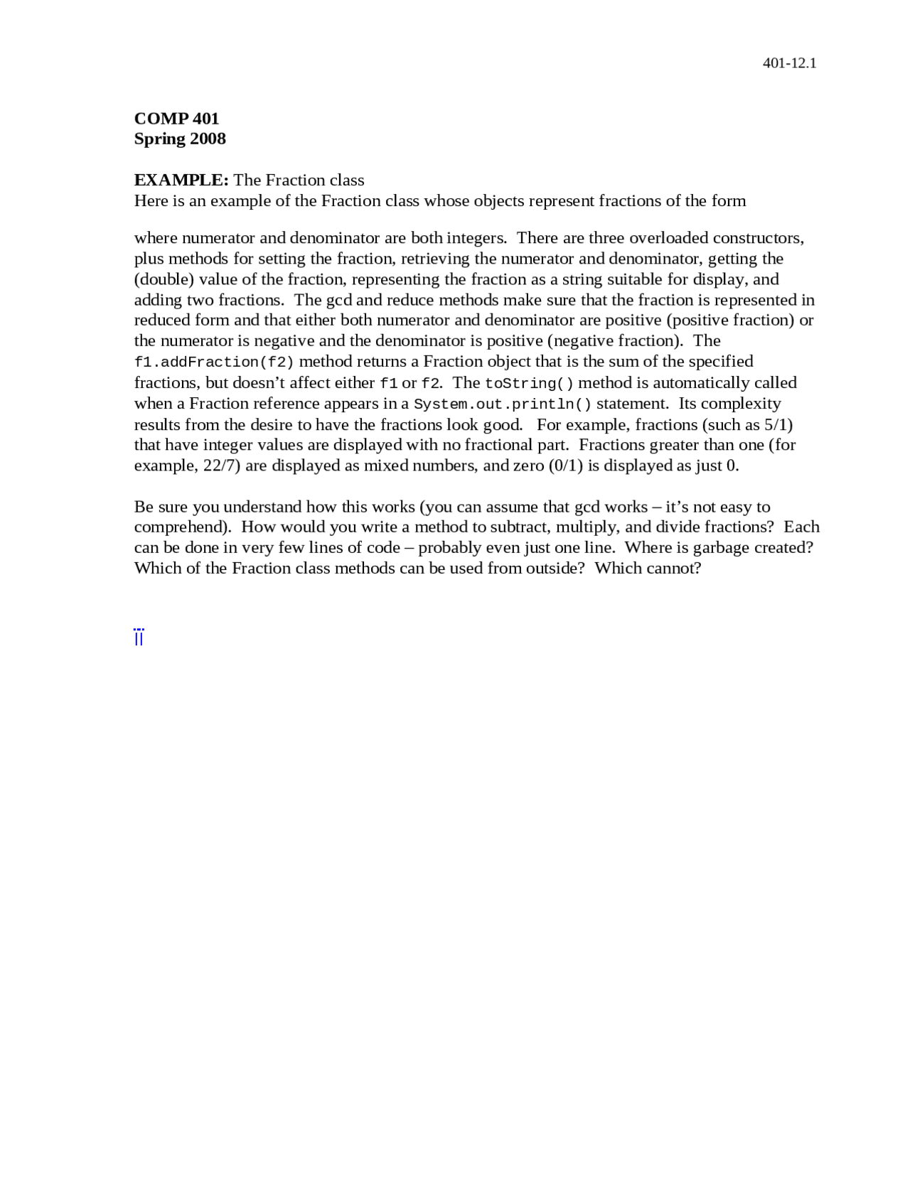 The Fraction Class Foundation Of Programming Example Comp 401 Docsity