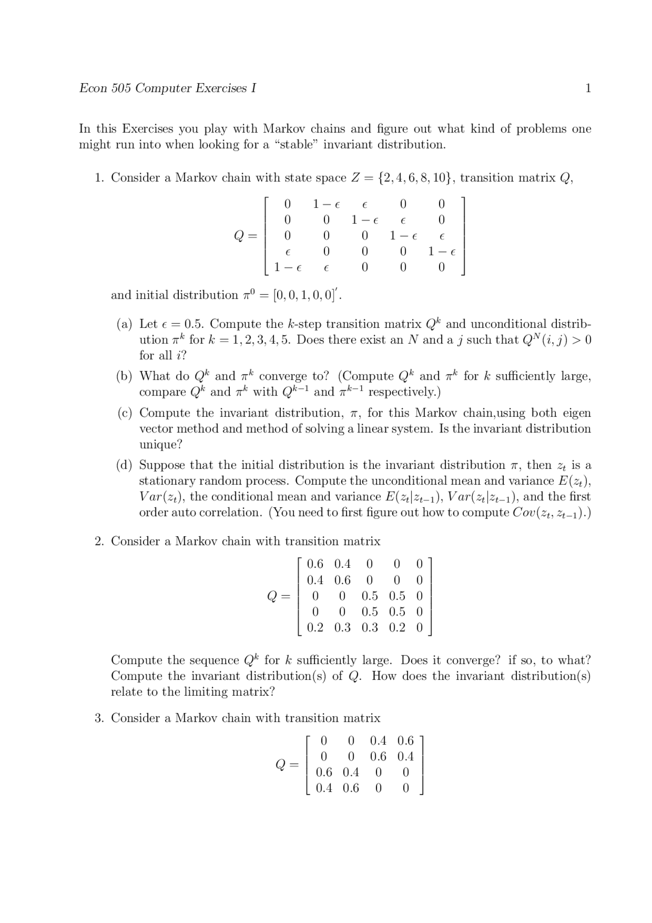 Computer Exercises 1 Introduction To Game Theory Econ 505 Docsity
