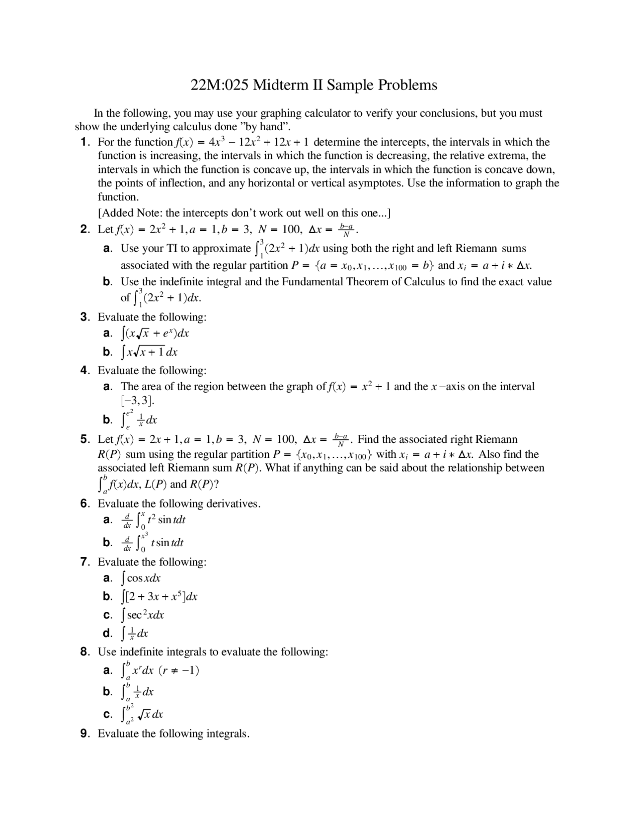Midterm Ii Sample Problems Calculus I 22m 025 Docsity