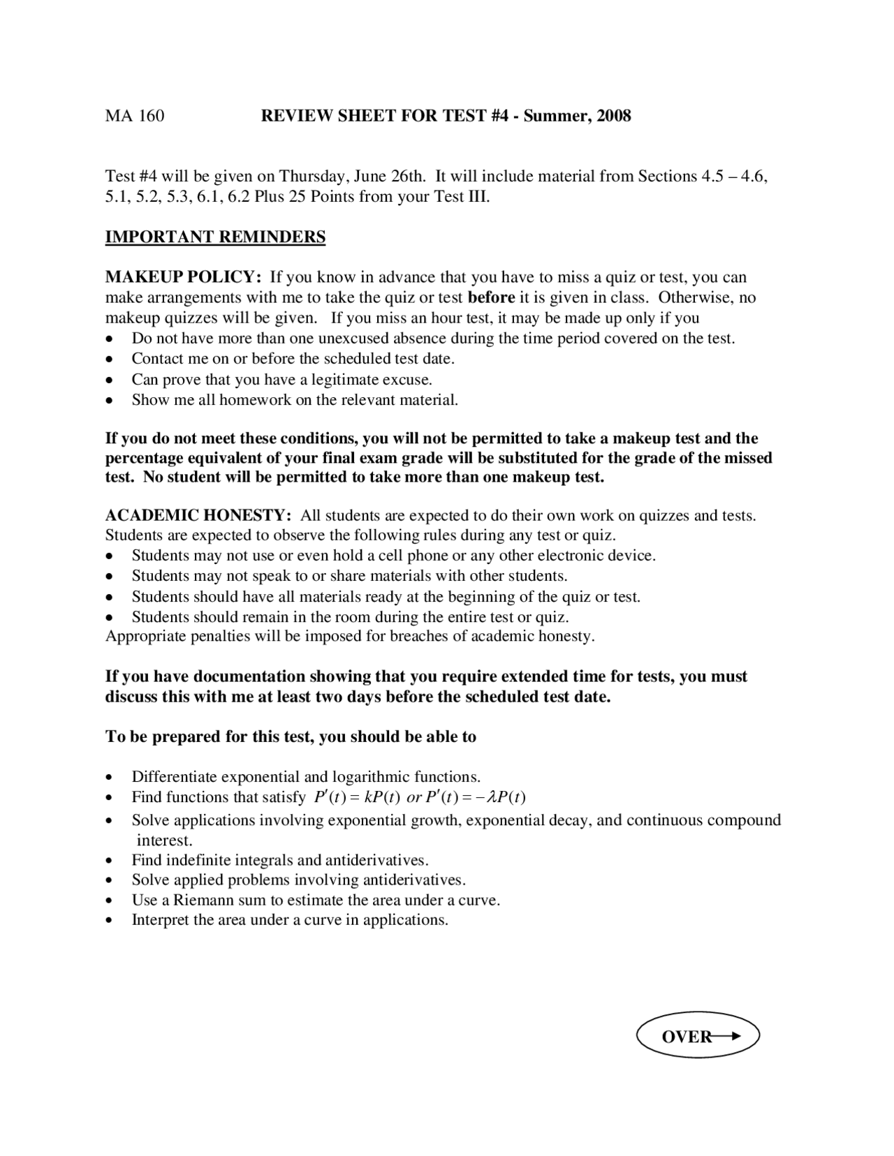 Elementary Applied Calculus I - Exam 4 Review Sheet | MA 160 - Docsity