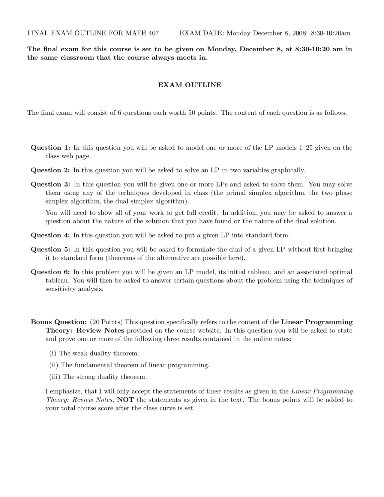 Final Exam Outlines for Linear Optimization | MATH 407 | Study notes ...