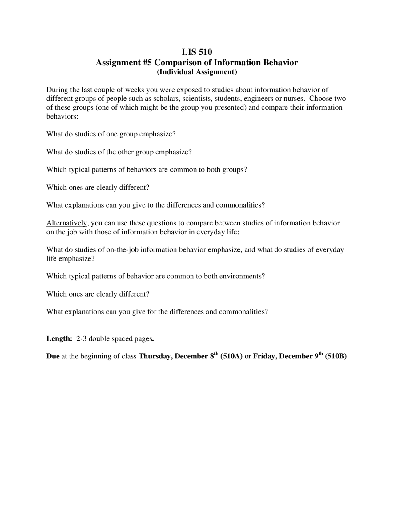 Information Behavior Assignment 5 Lis 510 Assignments School