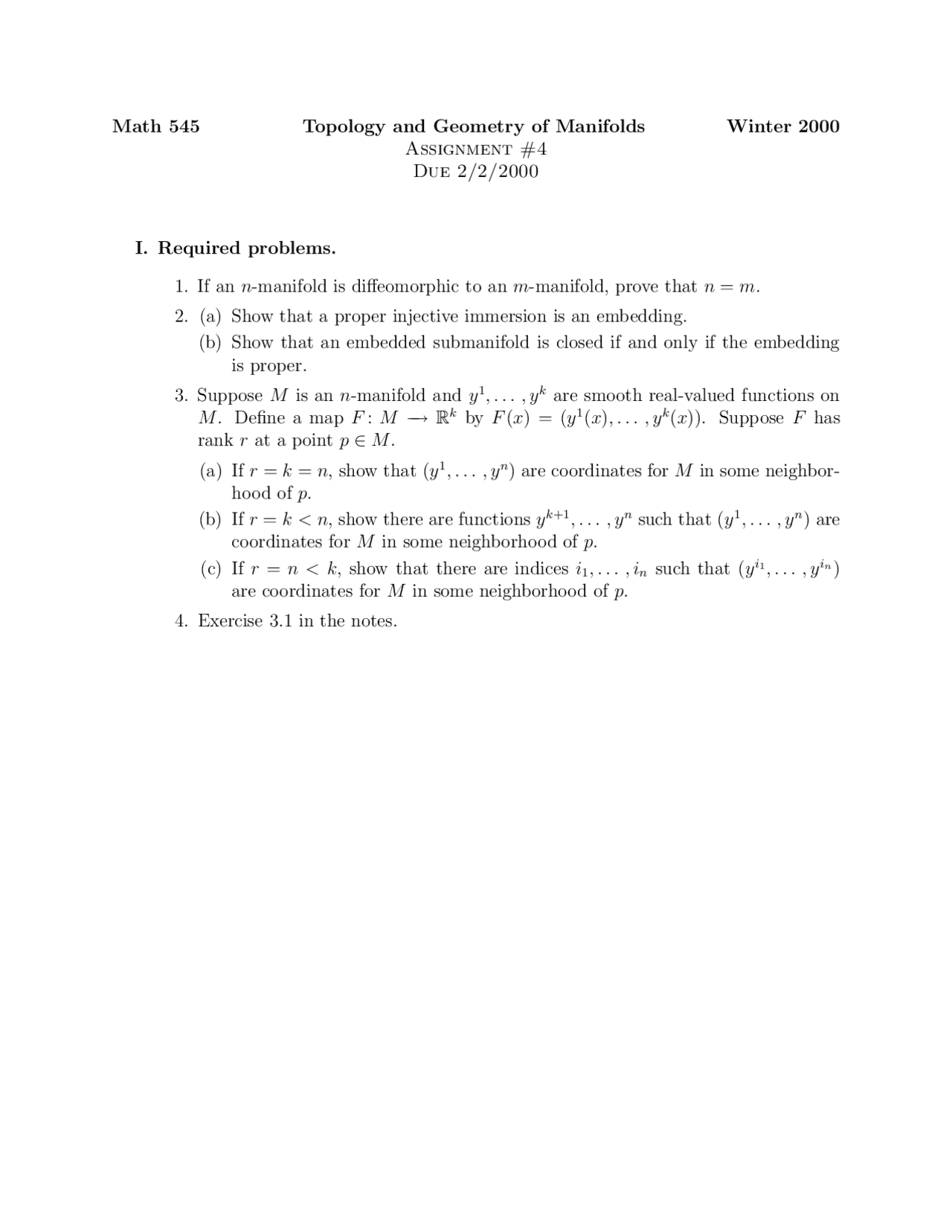 Topology And Geometry Of Manifolds Assignment 4 Math 545 Docsity