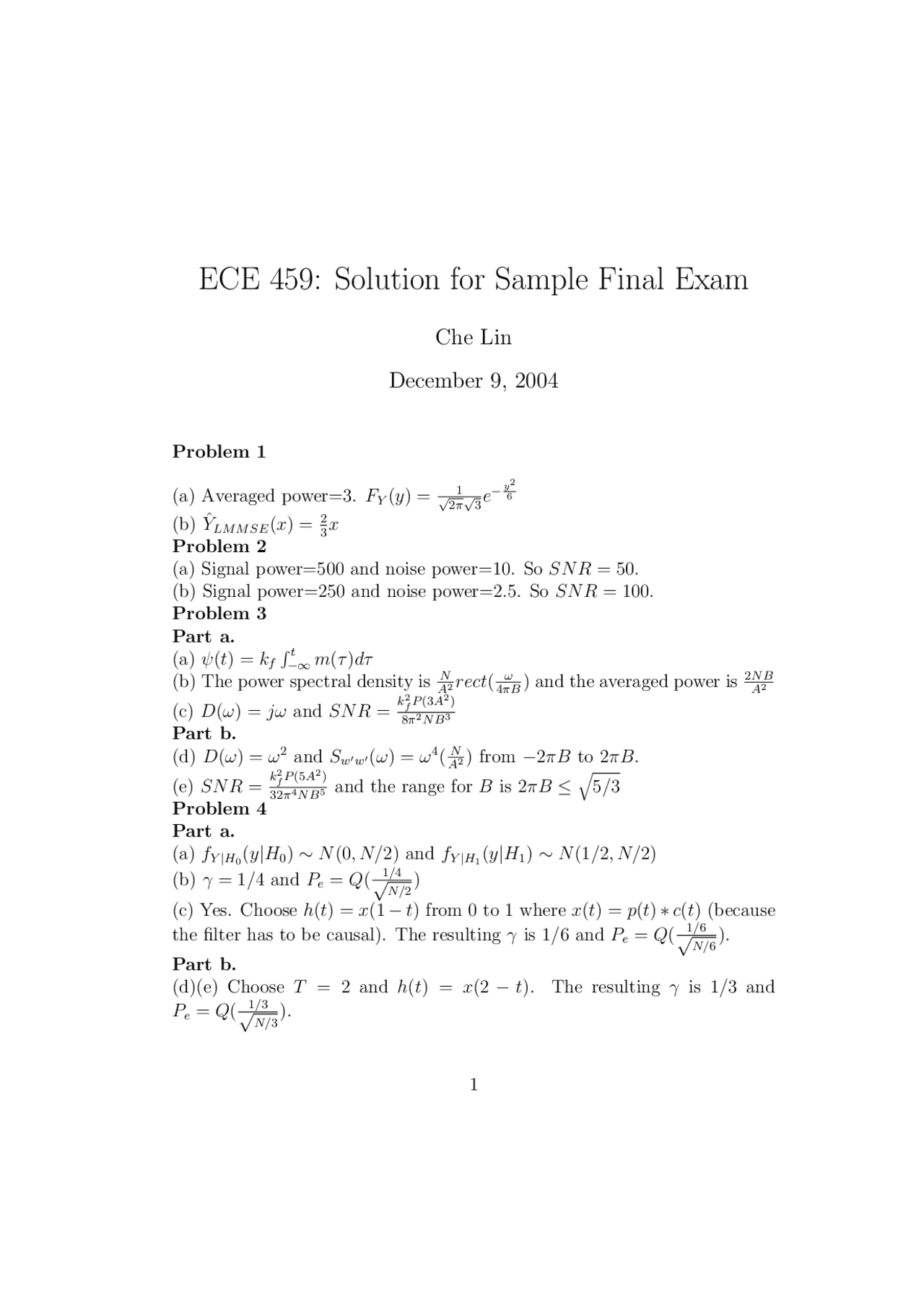 Solutions For Sample Final Exam Communications Systems Ece 459