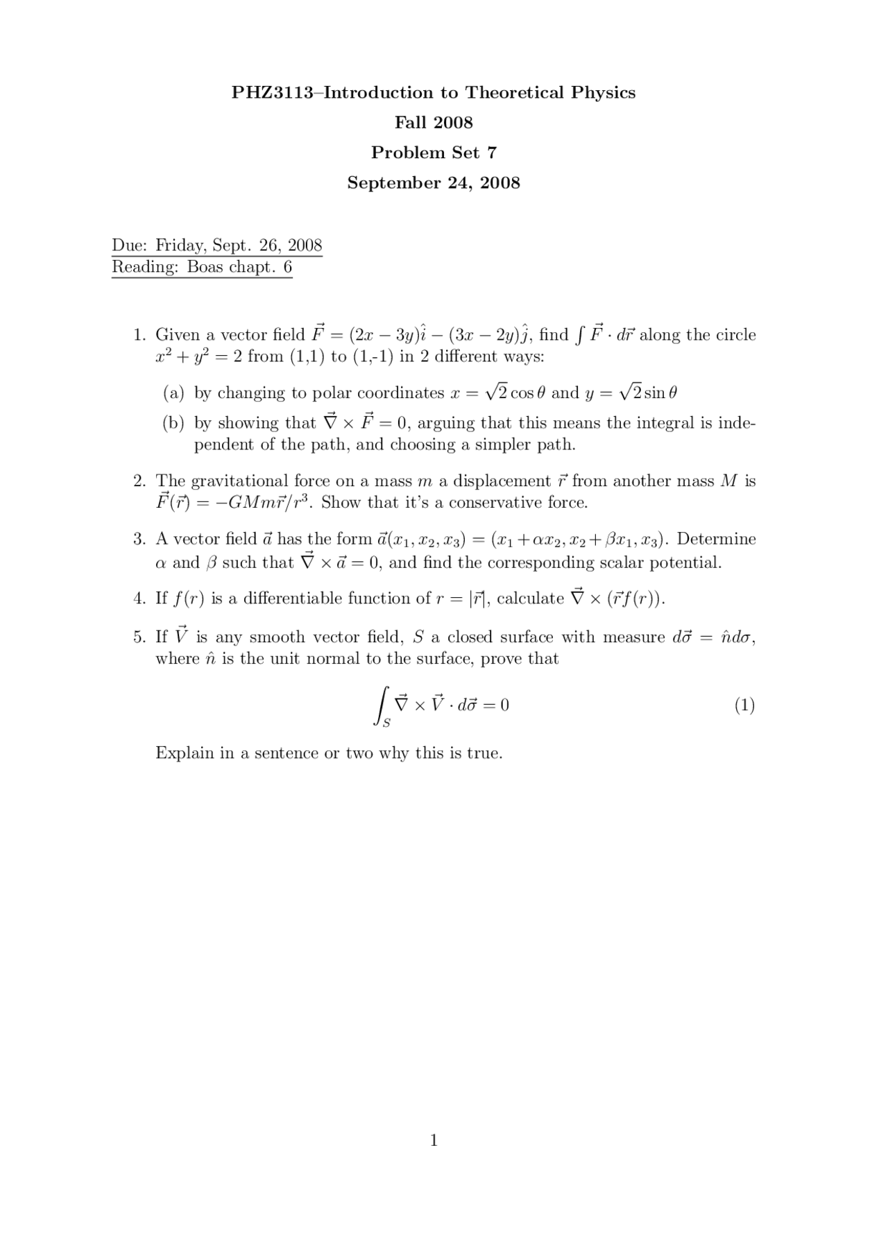 Problem Set 7 Introduction To Theoretical Physics Phz 3113 Docsity