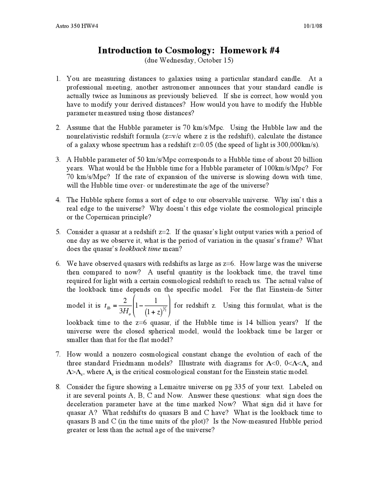Introduction To Cosmology Homework 4 Astr 350 Docsity