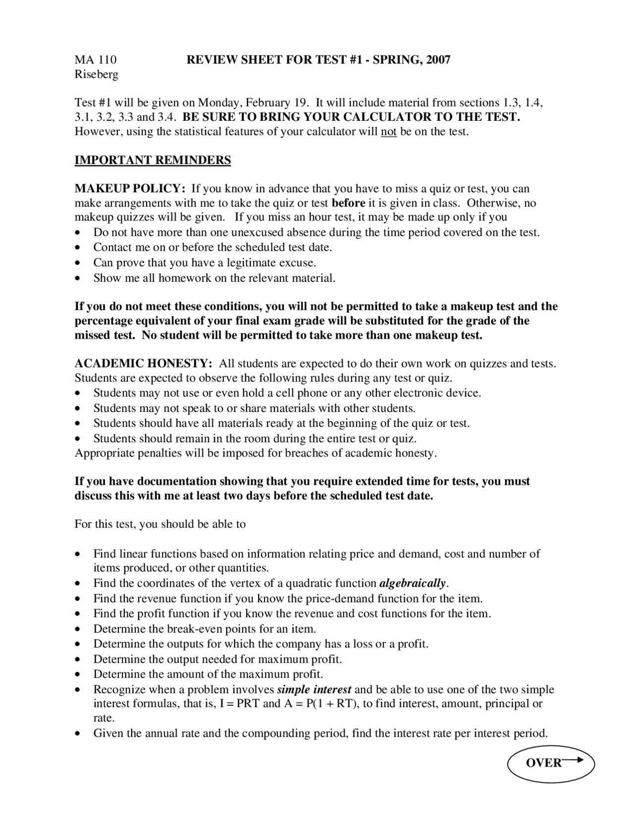 Review Sheet for Test 1 | Survey of College Mathematics | MA 110 - Docsity