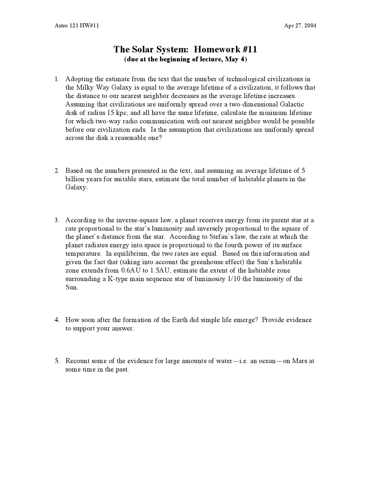 Homework 11 With 5 Problems On The Solar System Astr 121 Docsity