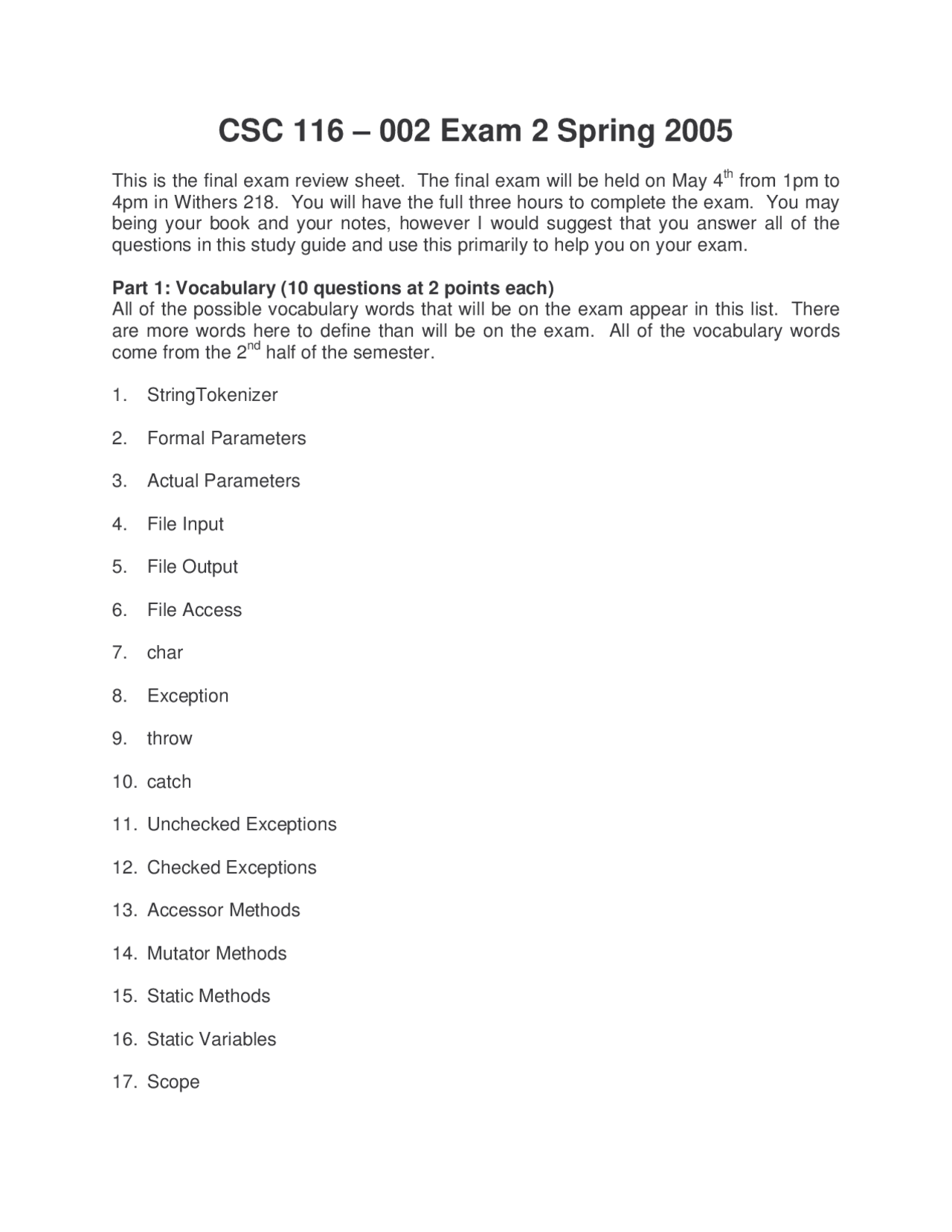 Exam 2 For Introduction To Computing Java Csc 116 Docsity