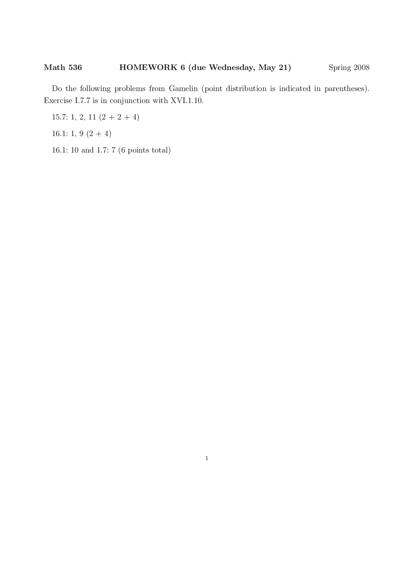 Homework 6 Problems Complex Analysis Math 536 Docsity