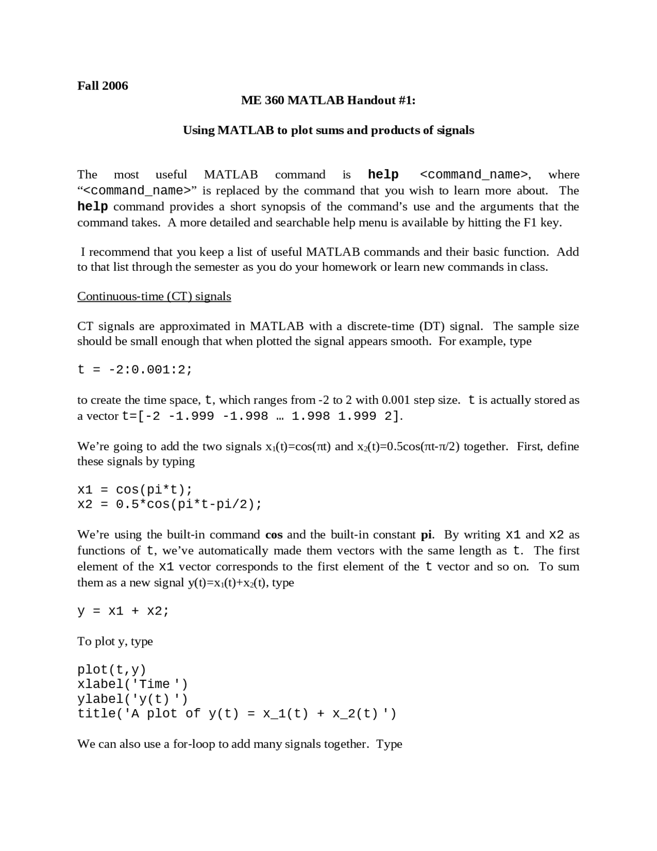 Using Matlab To Plot Sums And Products Of Signals Handout Me 360