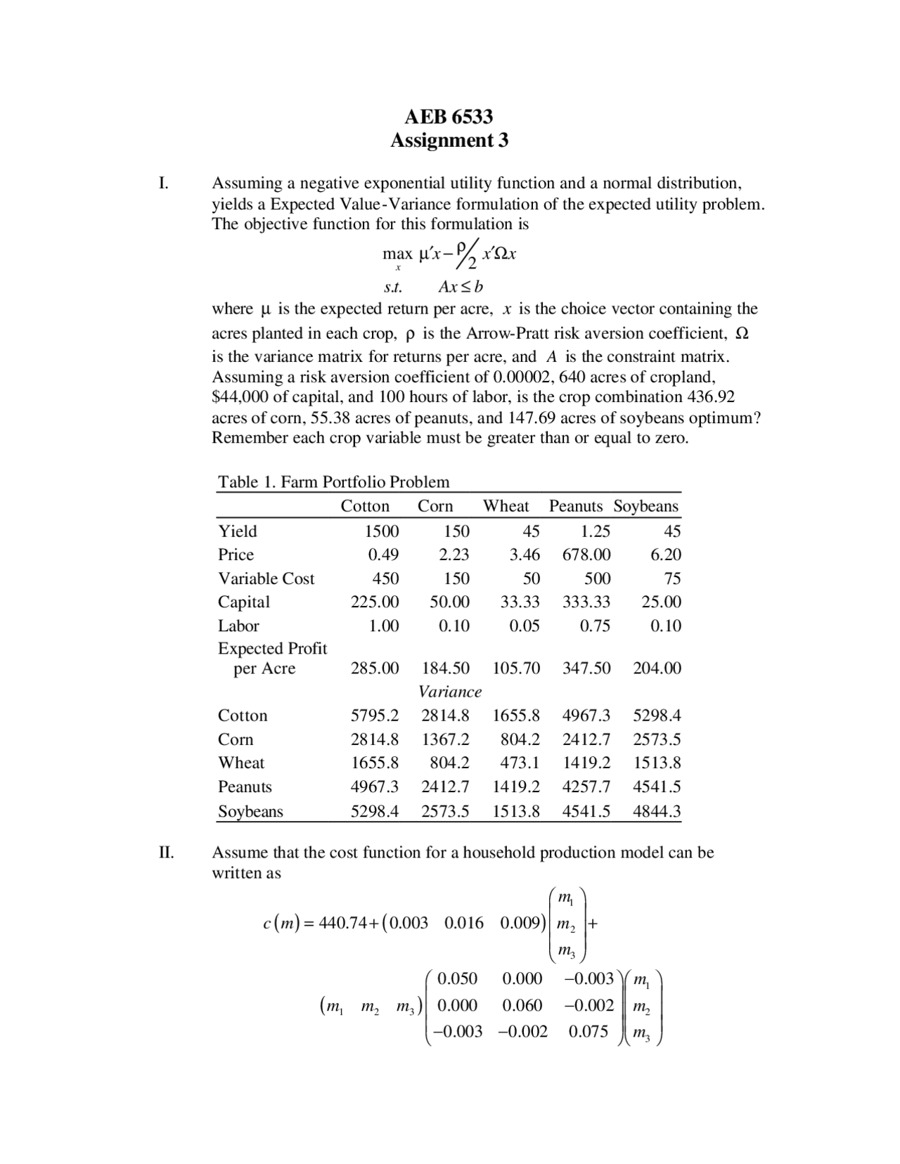 Practice Assignment 3 - Static and Dynamic Optimization | AEB 6533 - Docsity