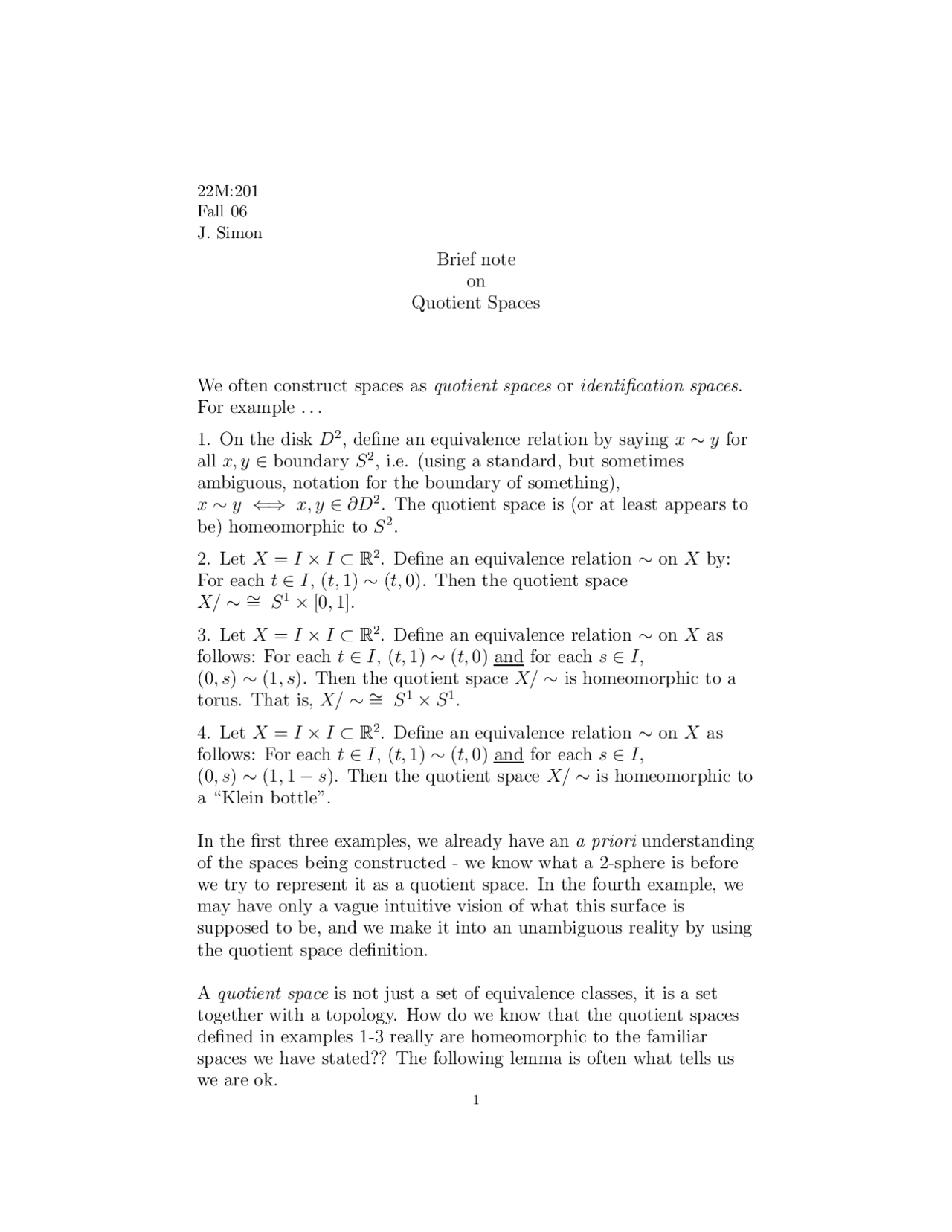 Brief Note on Quotient Spaces Questions - Algebraic Topology | 22M 201 ...
