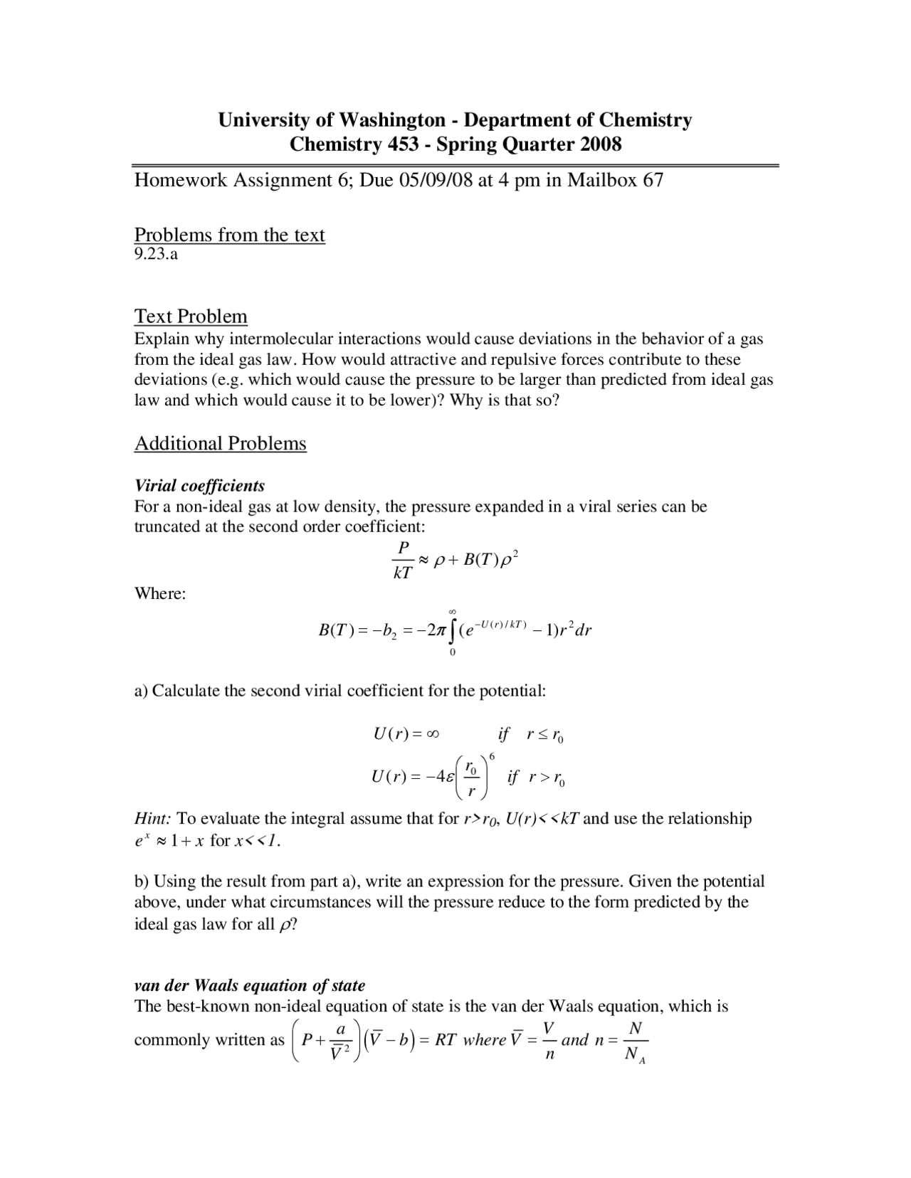 Homework Assignment 6 Physical Chemistry For Biochemists Ii Chem