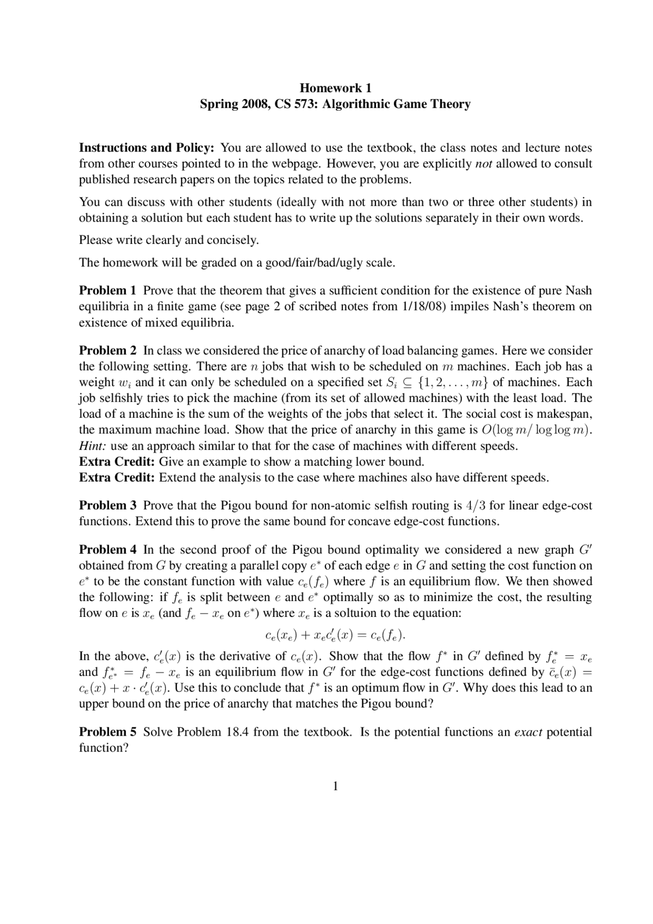 5 Problems On The Algorithmic Game Theory Homework 1 Cs 573 Docsity