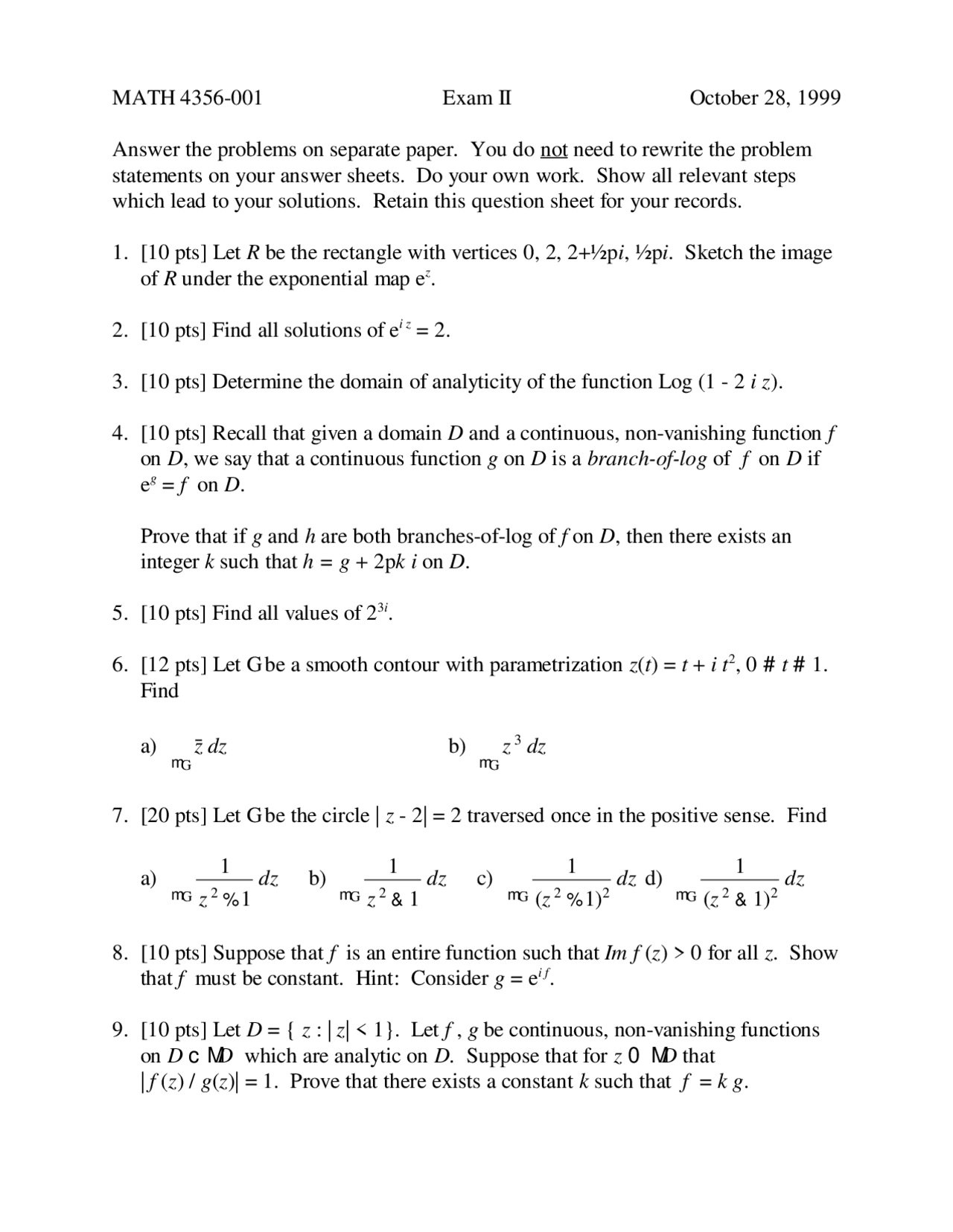 Exam Ii For Elementary Functions Of Complex Variables Math 4356 Docsity