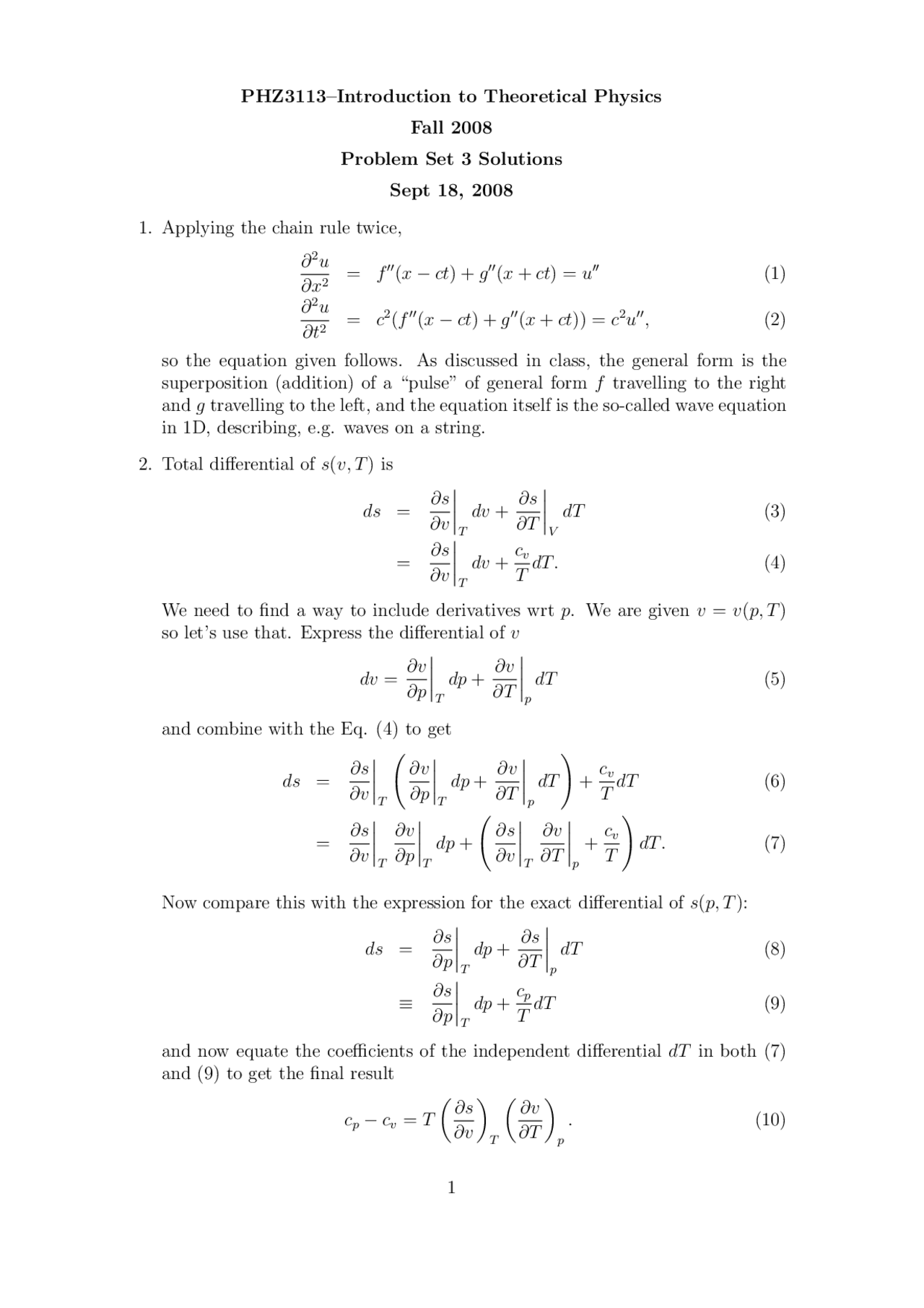 Solutions To Problem Set 3 Introduction To Theoretical Physics Phz