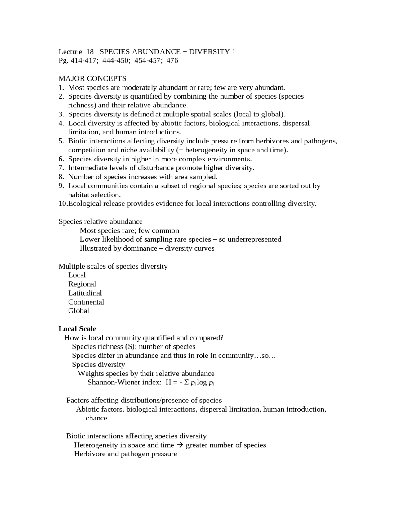 Species Abundance And Diversity I Lecture Notes Ib 203 Docsity