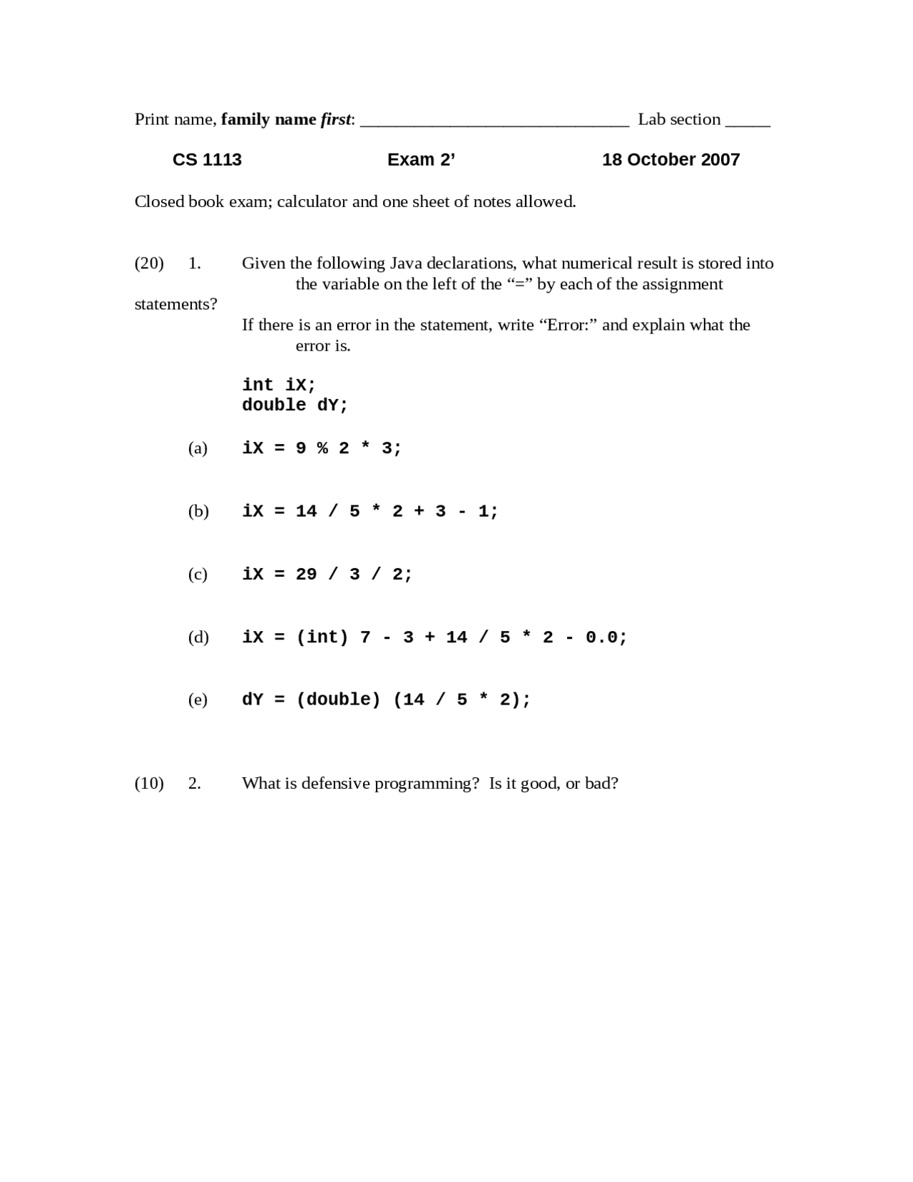 6 Questions For Exam 2 Computer Science I Cs 1113 Docsity