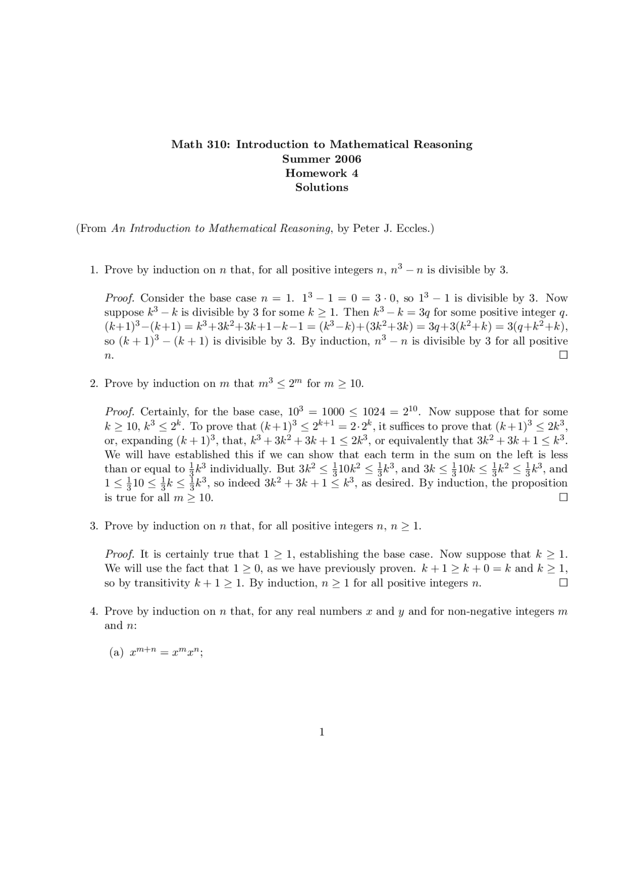 Homework 4 With Solutions Mathematical Reasoning Math 310 Docsity