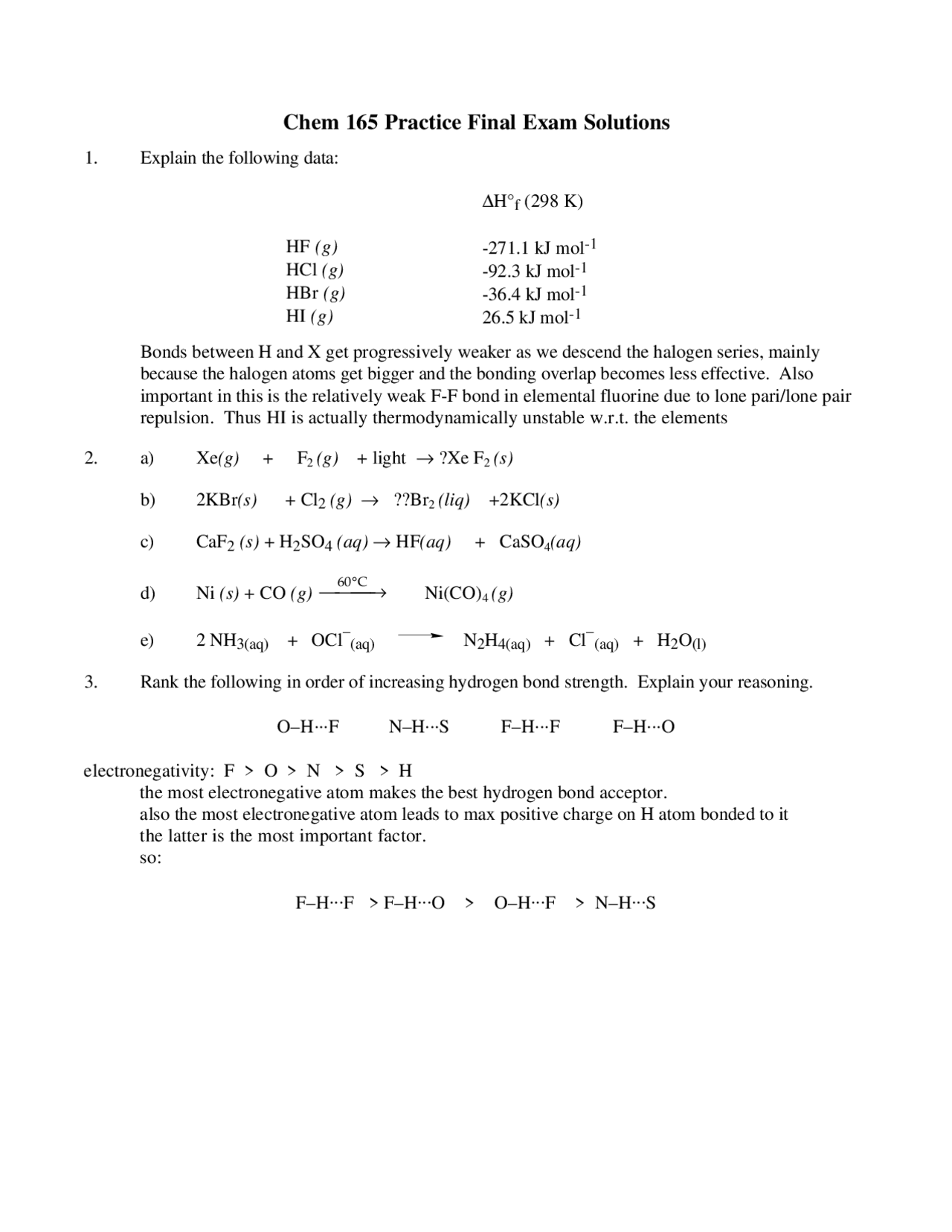 Practice Final Exam Solutions - Honors-General Chemistry | CHEM 165 ...