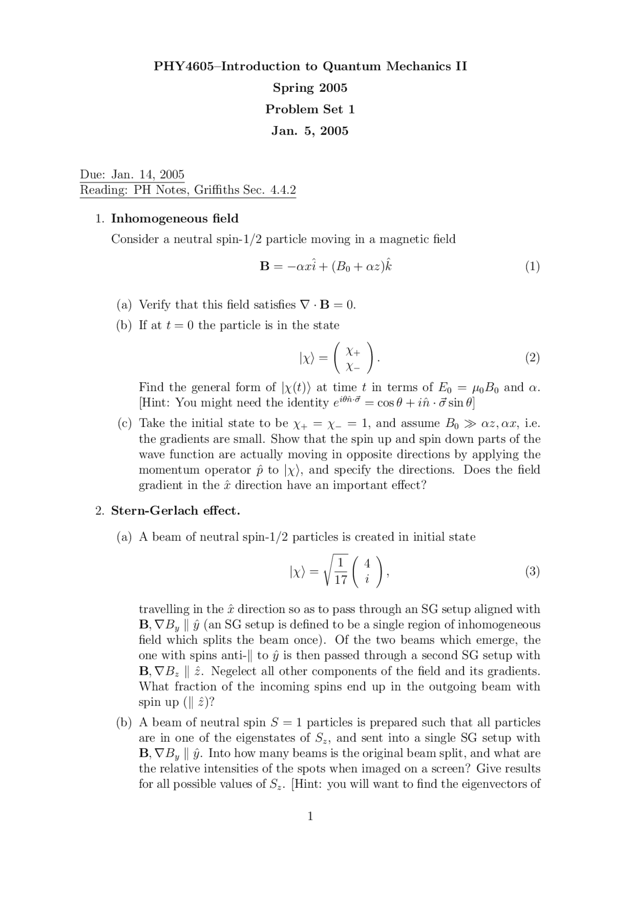 Sample Problem Set 1 - Introduction to Quantum Mechanics II | PHY 4605 - Docsity