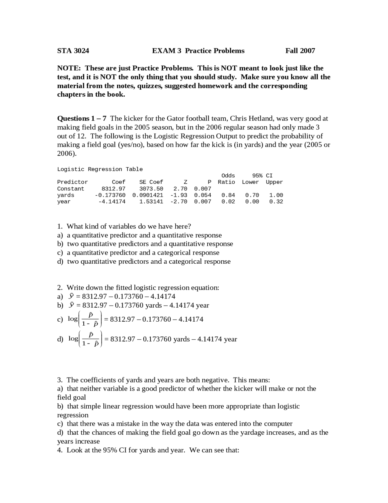 Introduction To Statistics Ii Exam 3 Practice Problems Sta 3024 Exams Statistics Docsity
