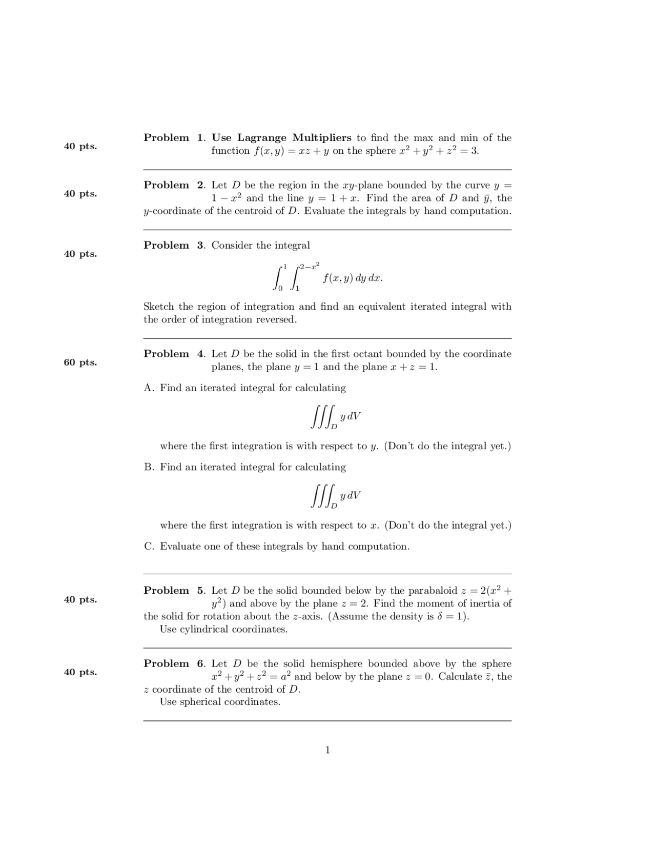 Exam 2 Lagrange Multipliers Calculus Iii Math 2350 Docsity