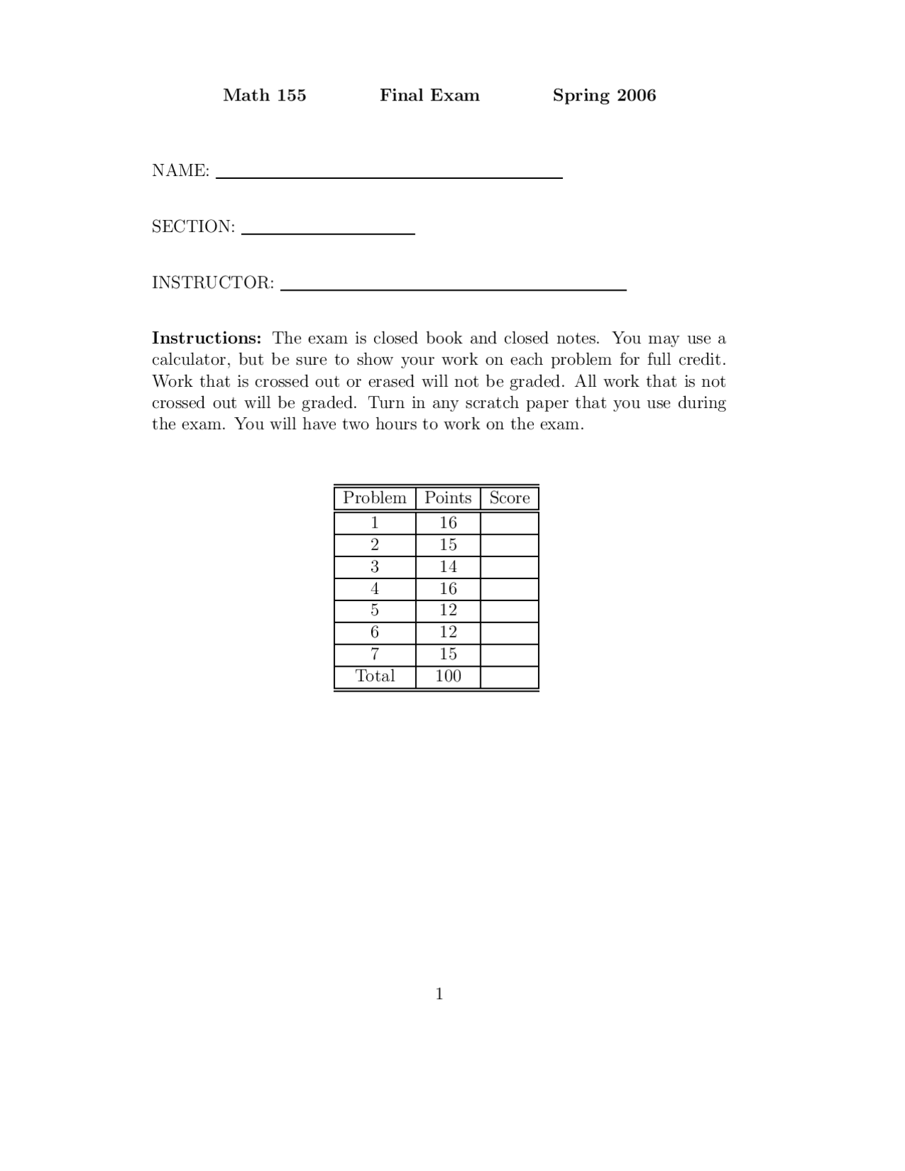 7 Problems On Calculus For Biological Scientists I Final Exam Math