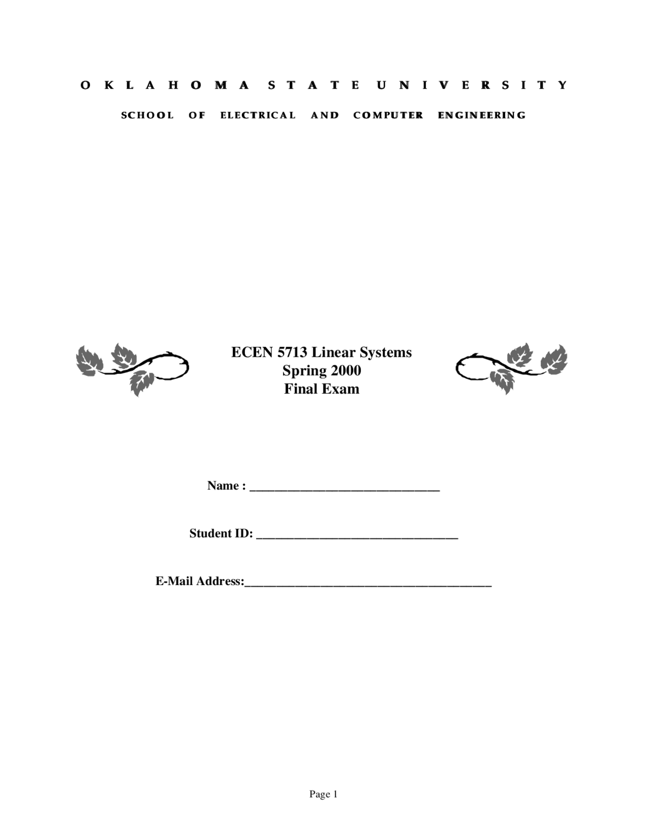 5 Practice Problems For Final Exam Linear Systems Ecen 5713 Docsity