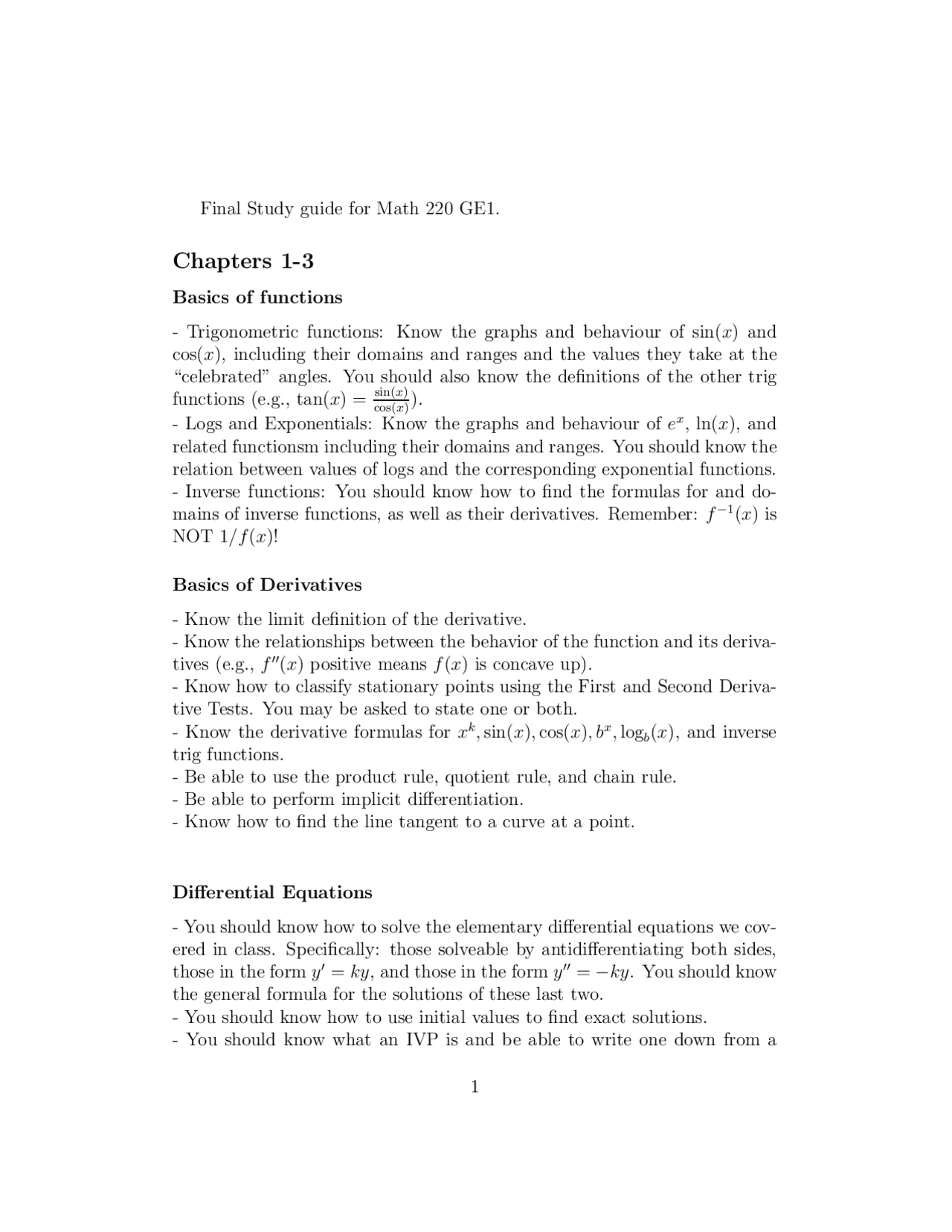 Basics Of Functions Derivatives Equations Limits Math 220 Exams