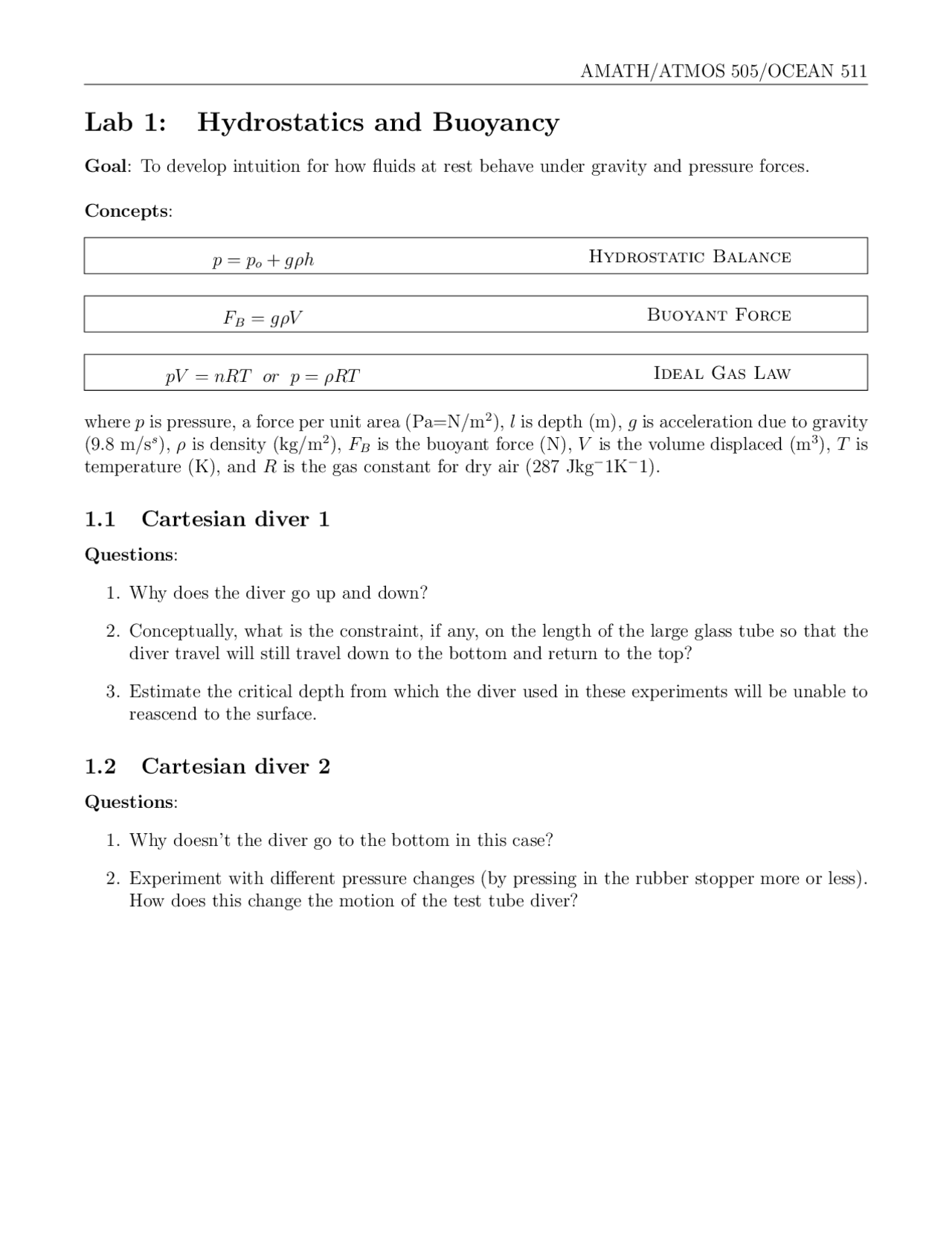 Hydrostatics And Buoyancy Laboratory 1 Ocean 511 Docsity