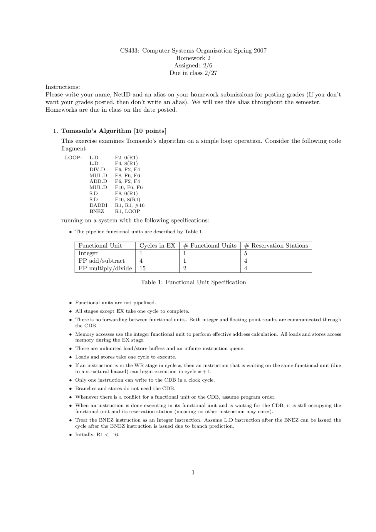 CS433: Computer Systems Organization Spring 2007 Homework 2 - Prof. Josep Torrellas ...
