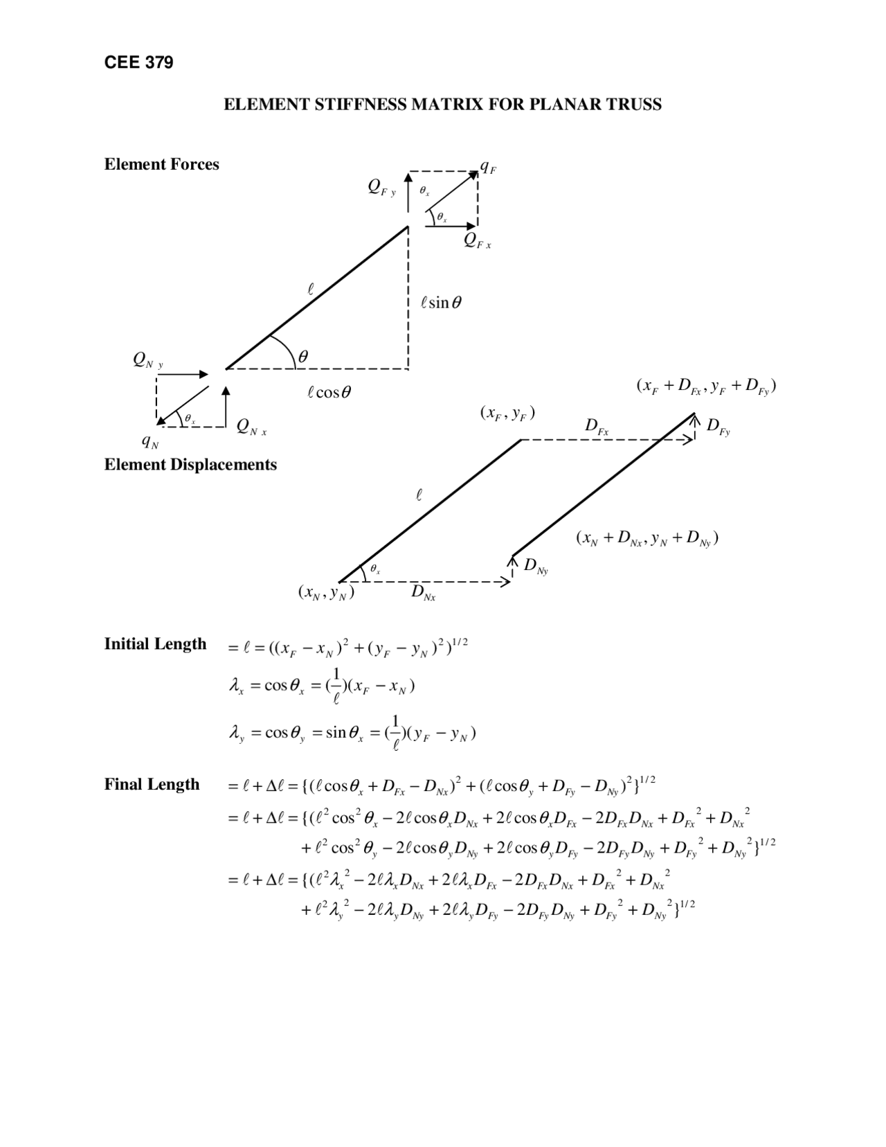 Element Stiffness Matrix For Planar Truss Elementary Structure I
