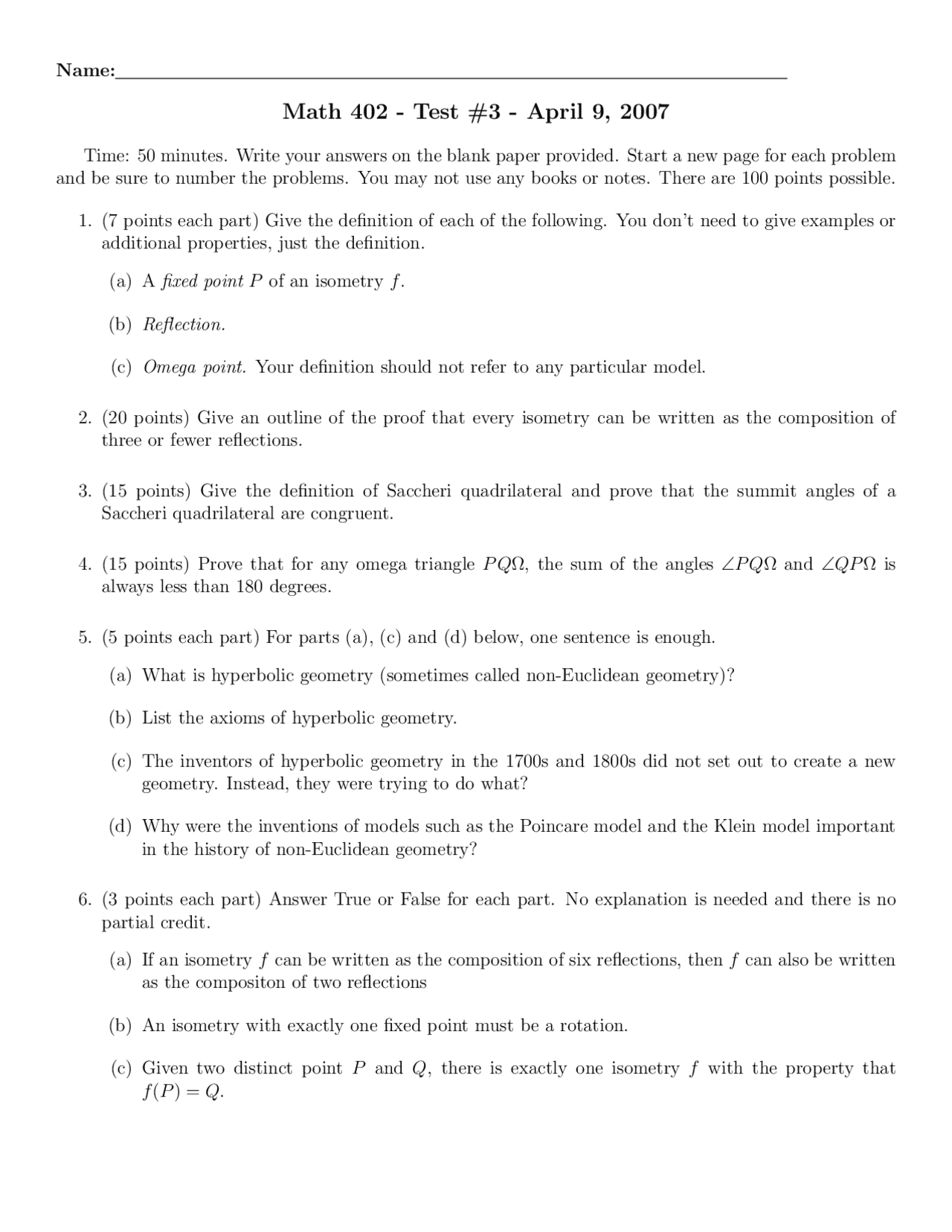 Test 3 Questions Non Euclidean Geometry Math 402 Docsity