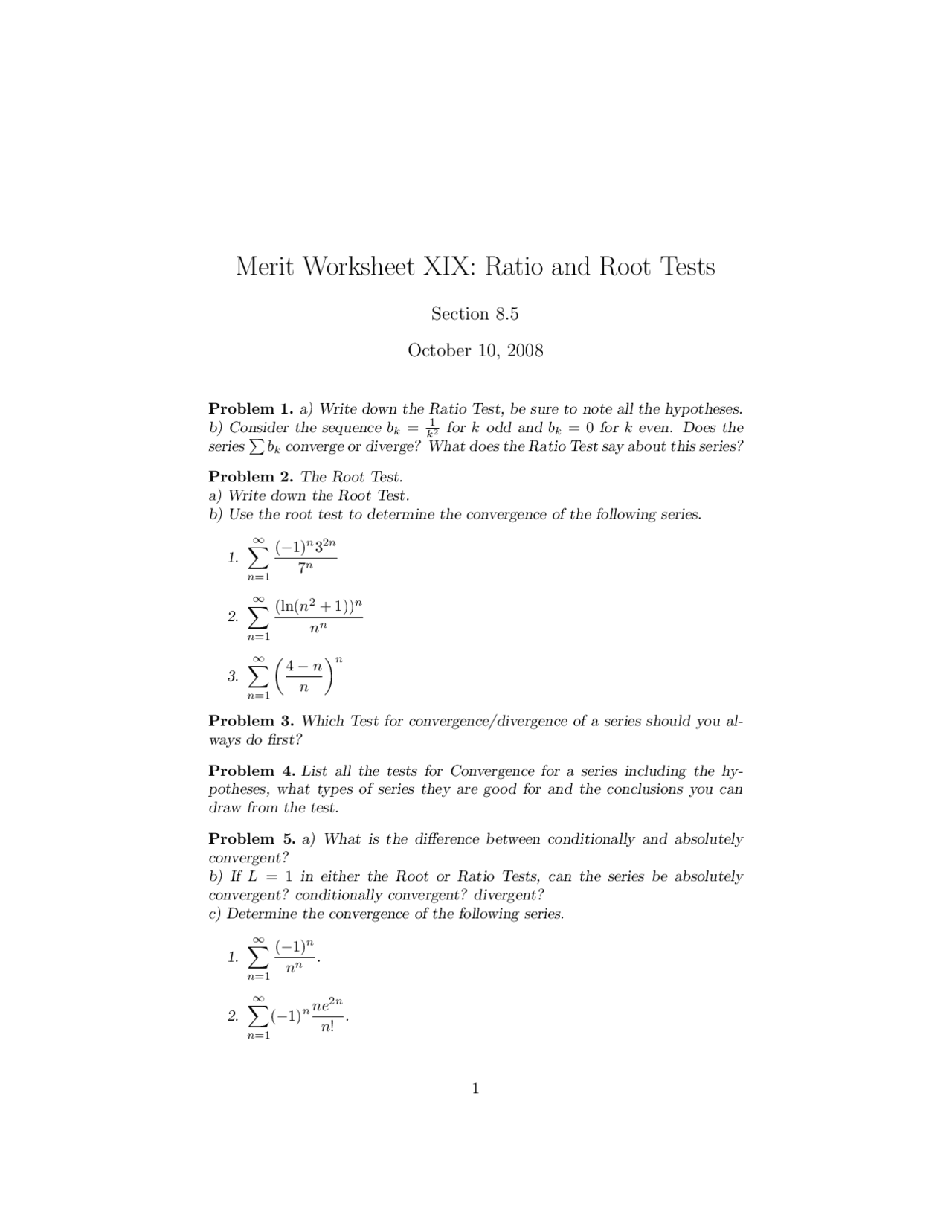 Ratio and Root Tests - Calculus II - Worksheet XIX | MATH 231 - Docsity