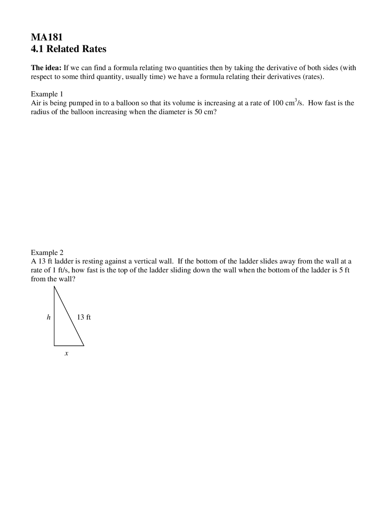 Notes for Related Rates | Calculus I | MA 181 - Docsity