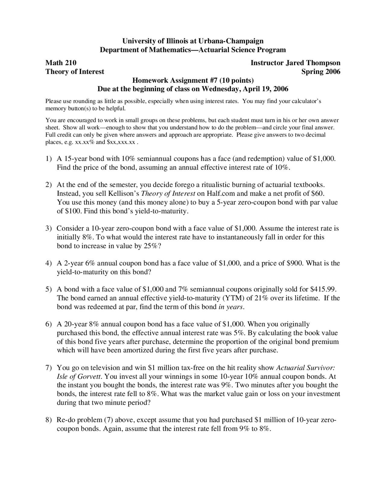 Homework Assignment #7 for Theory of Interest Course | Assignments Mathematics | Docsity